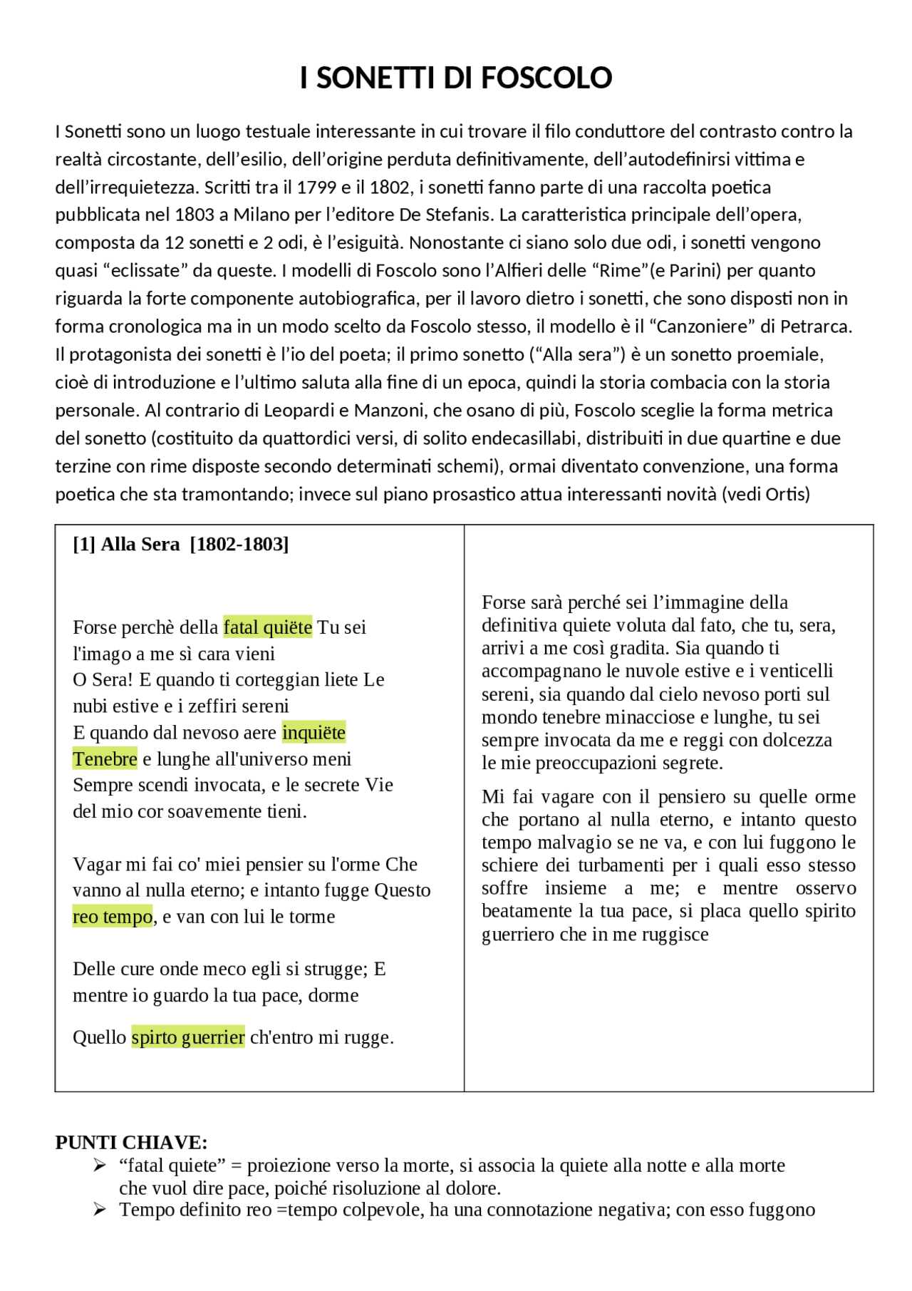 I Sonetti Di Foscolo Docsity