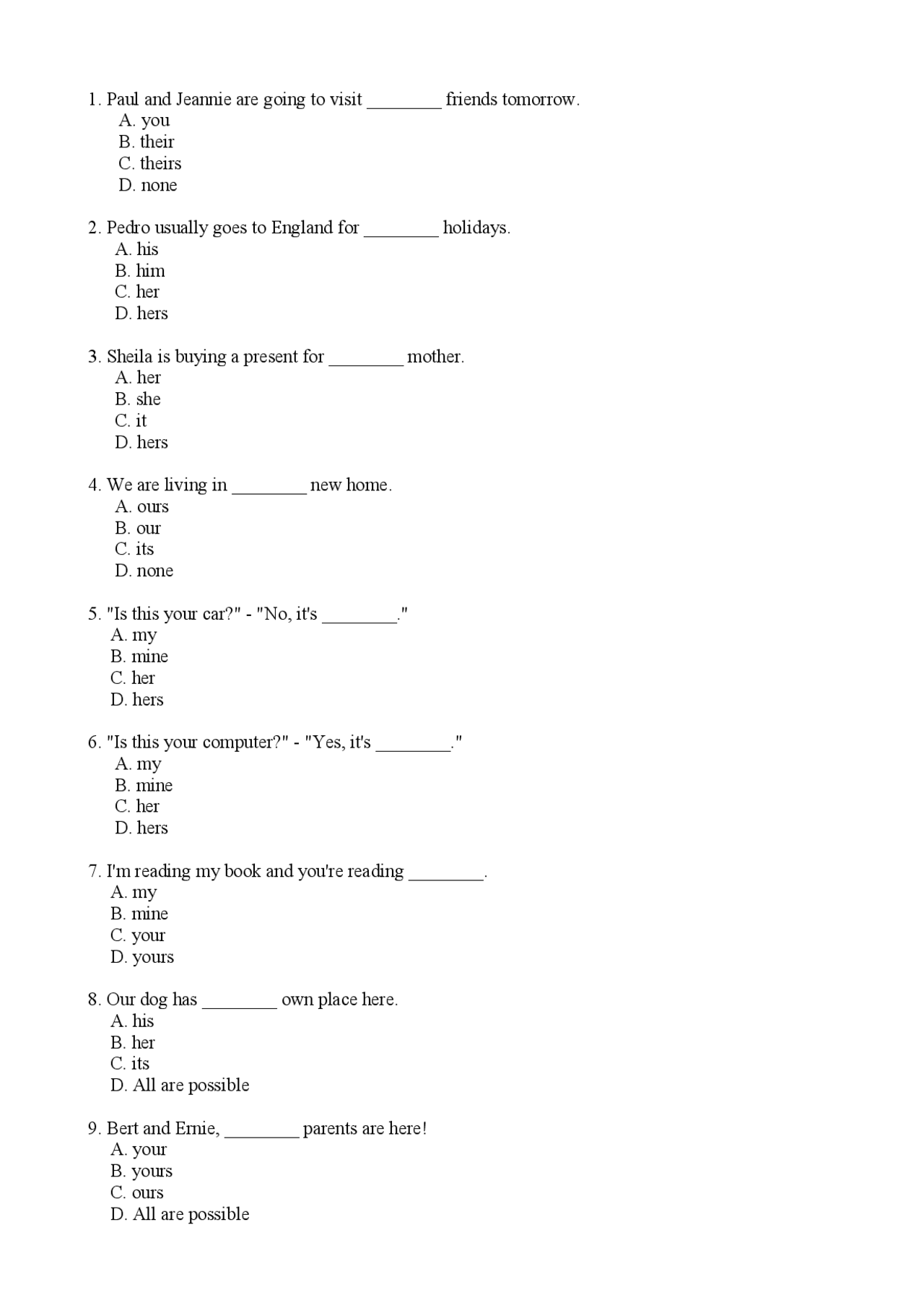 Quiz de pronombres en inglés | Ejercicios de Inglés | Docsity