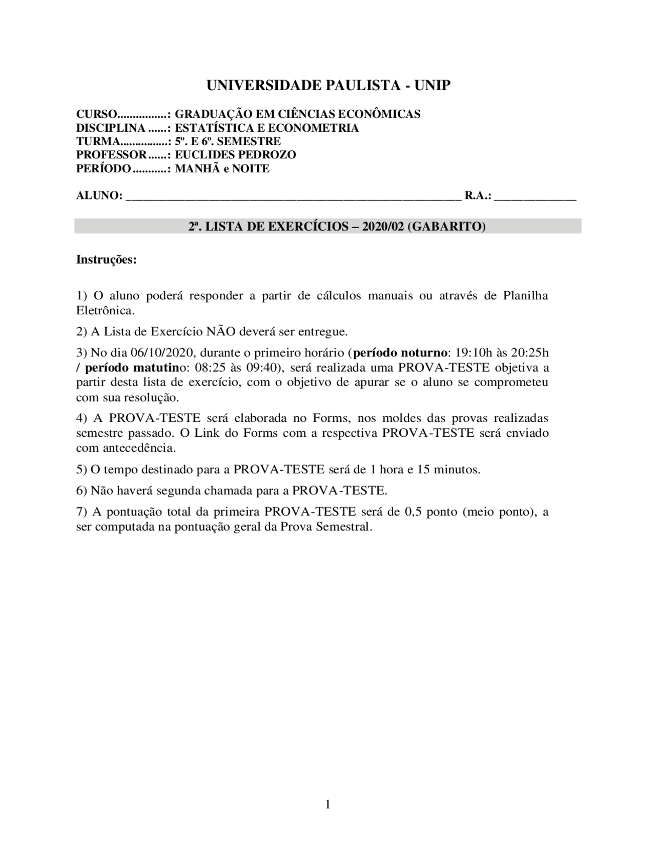 Lista De Exercícios Ii Estatística E Econometria Docsity