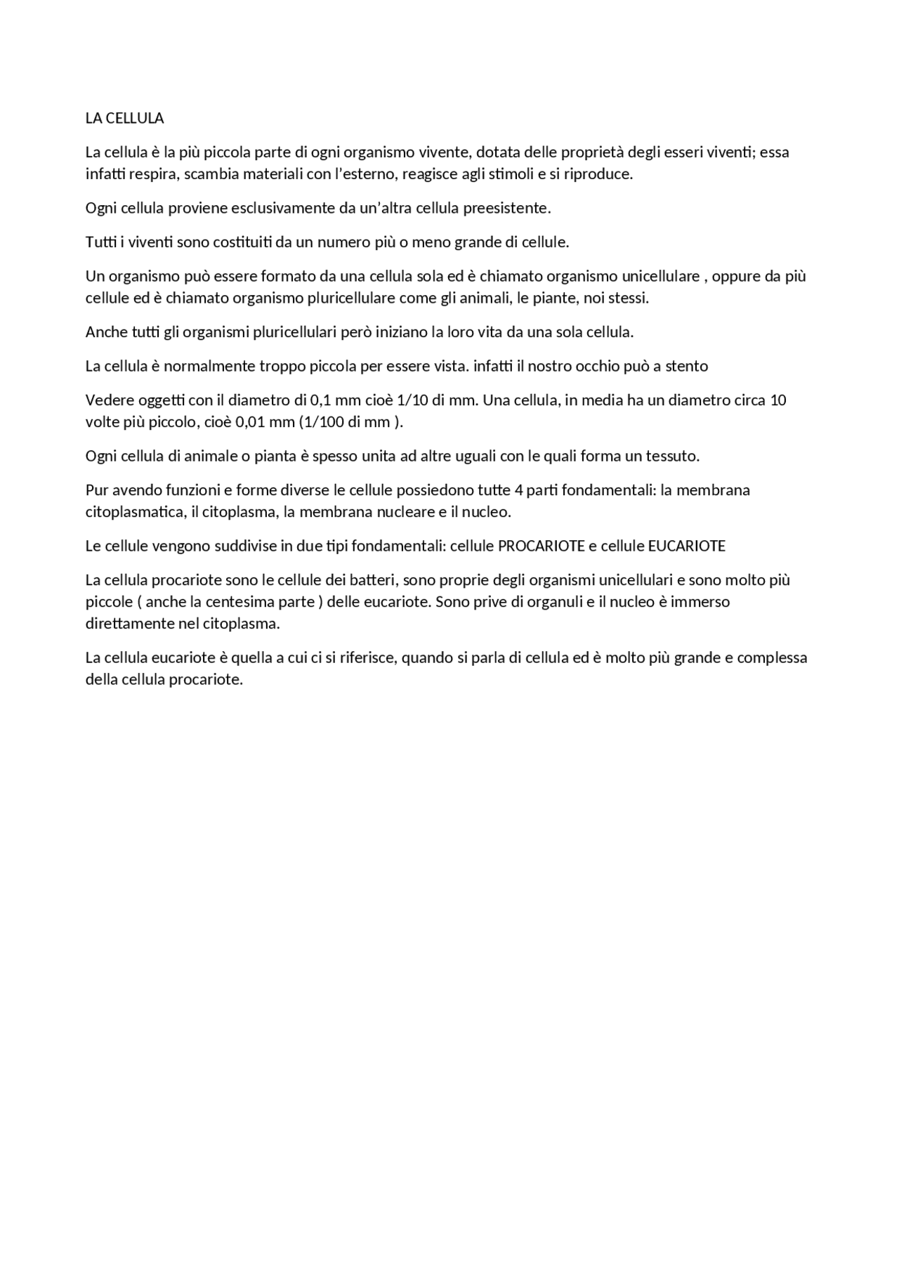 Riassunto La Cellula Docsity