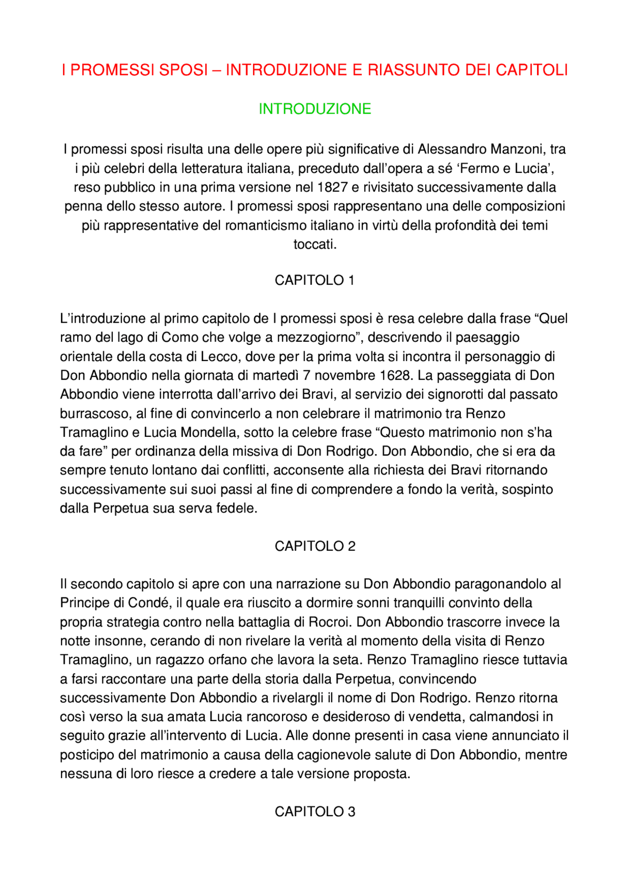 I Promessi Sposi Riassunto Docsity