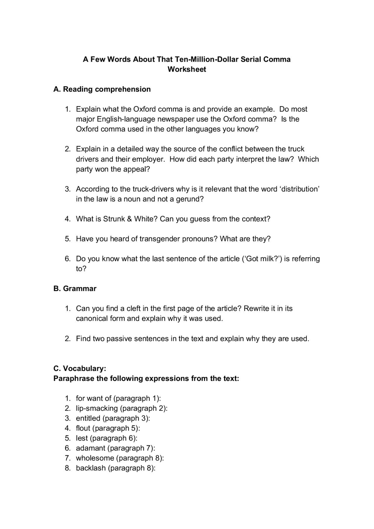 Oxford comma worksheet | Ejercicios de Idioma Inglés | Docsity