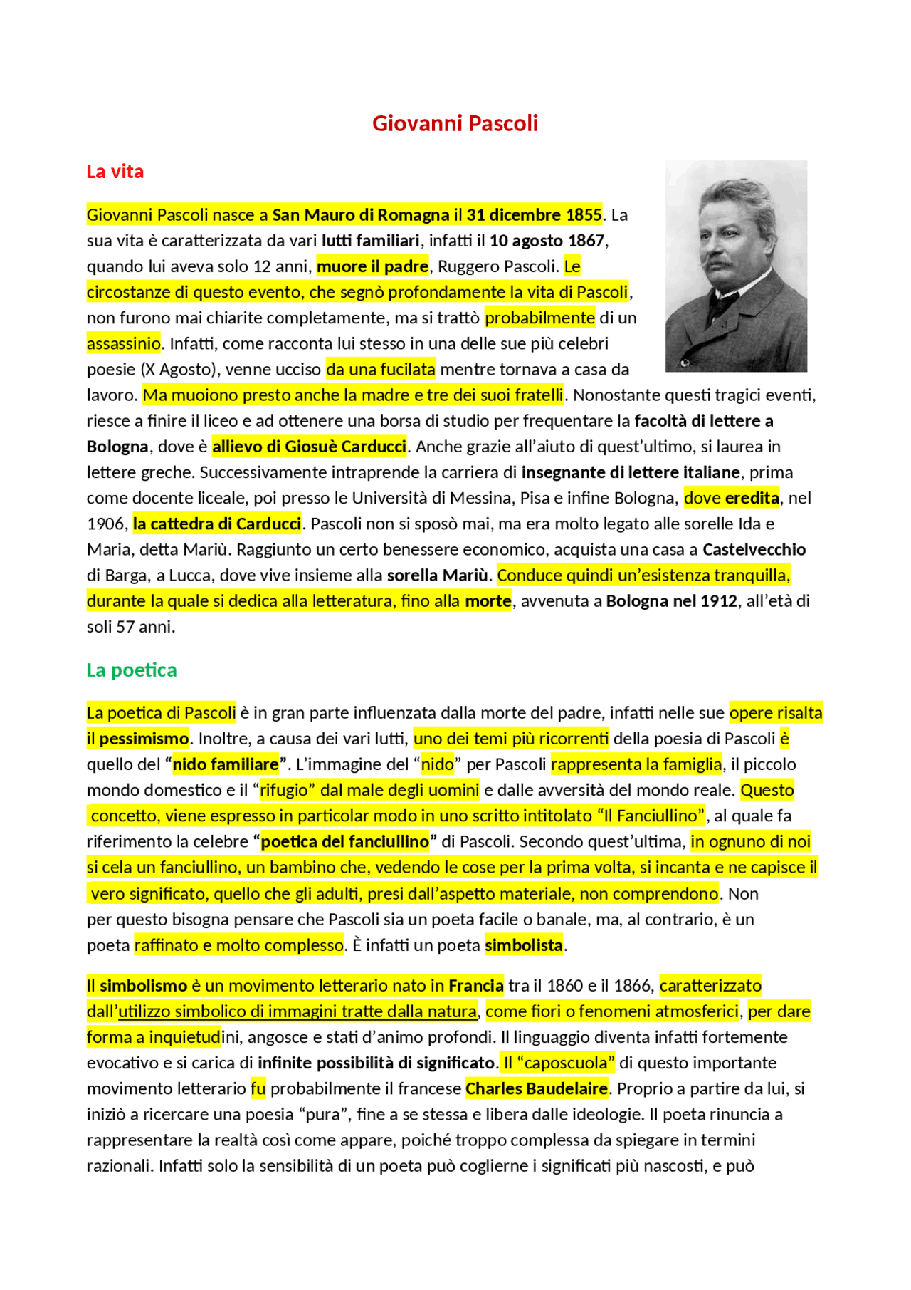 Giovanni Pascoli Appunti Docsity