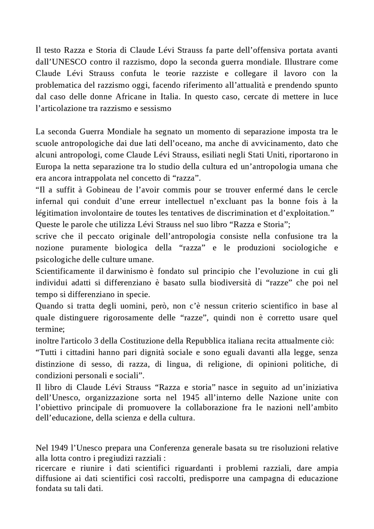 Razza E Storia Di Claude Lèvi Strauss Docsity