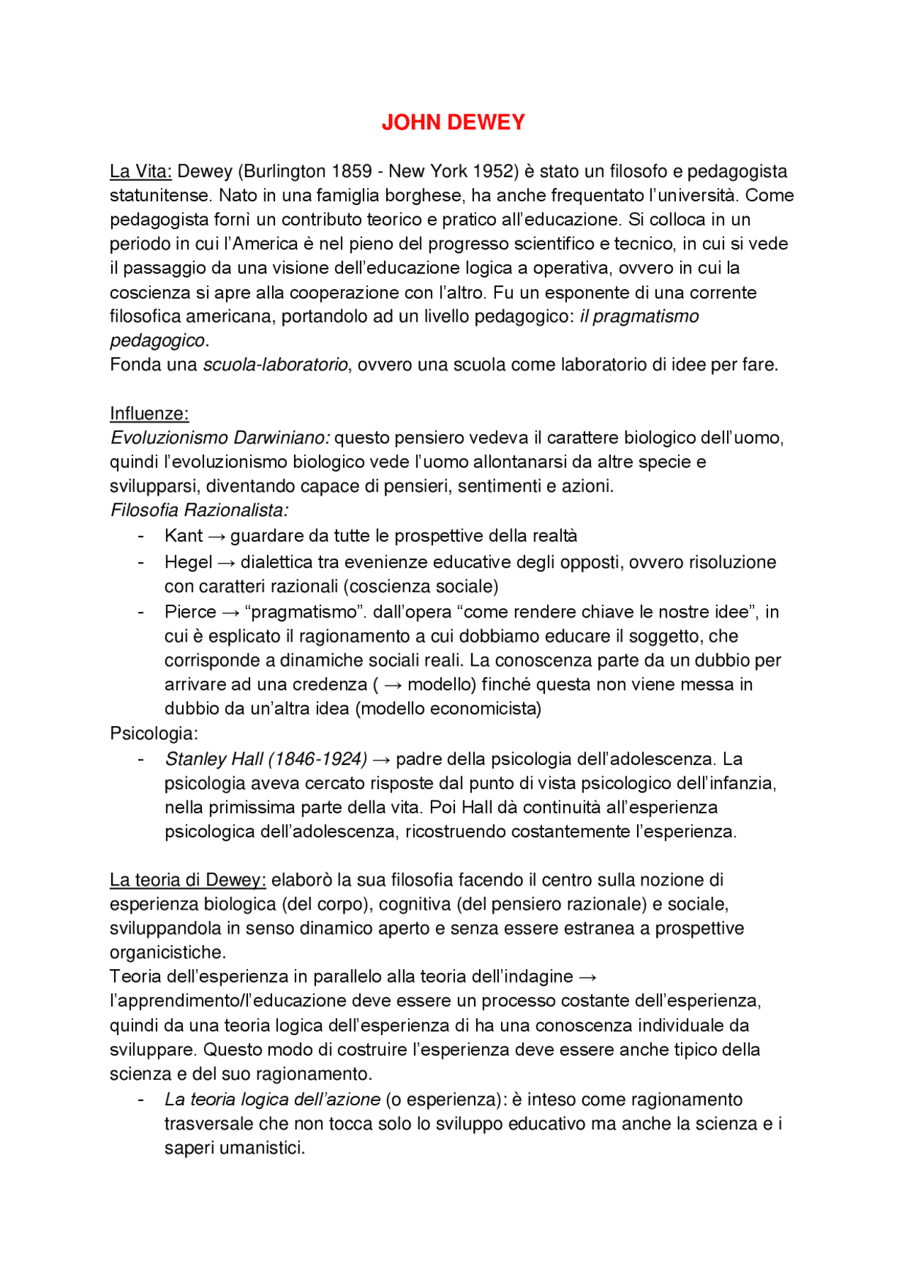 John Dewey E Il Mio Credo Pedagogico Docsity