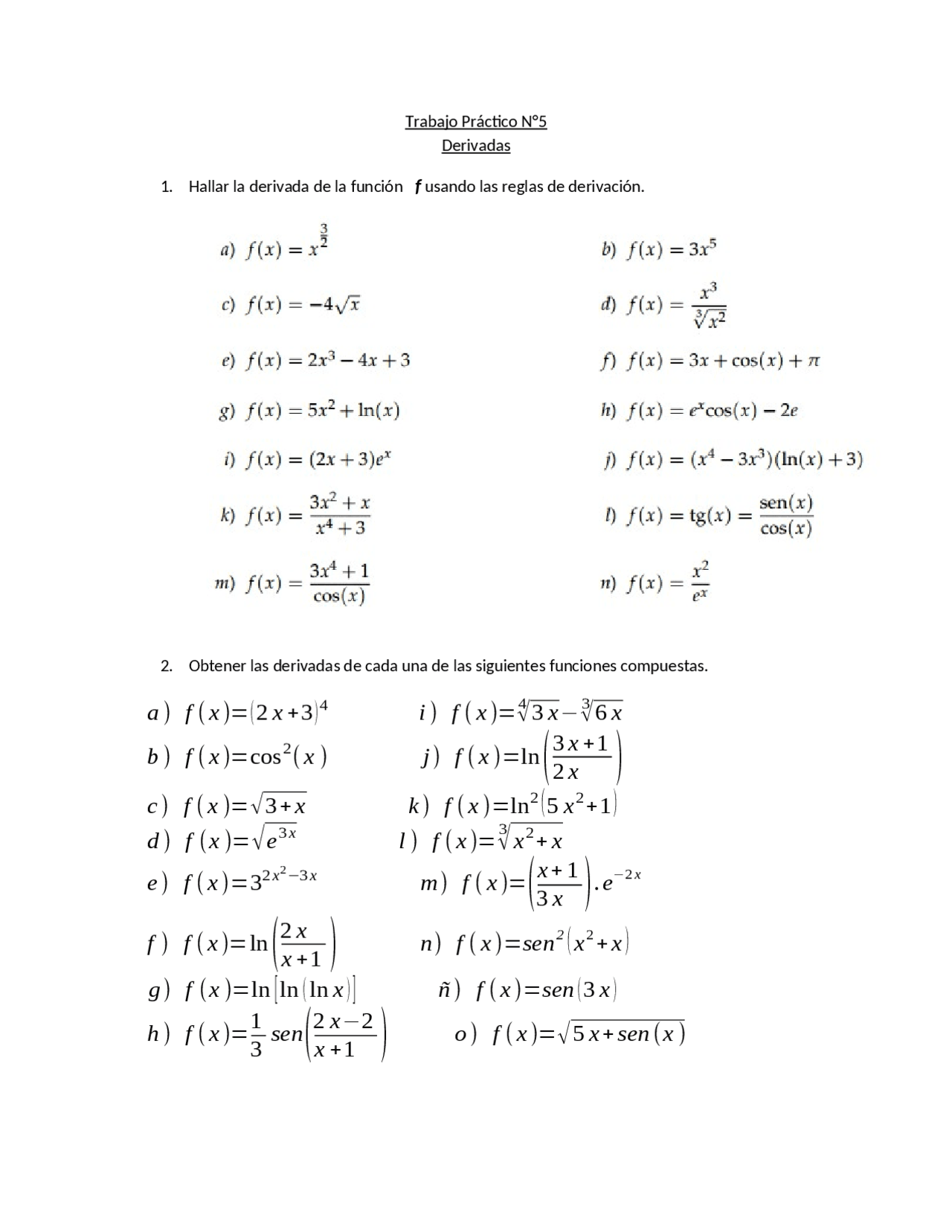 Derivadas ejercicios de derivadas a resolver - Docsity