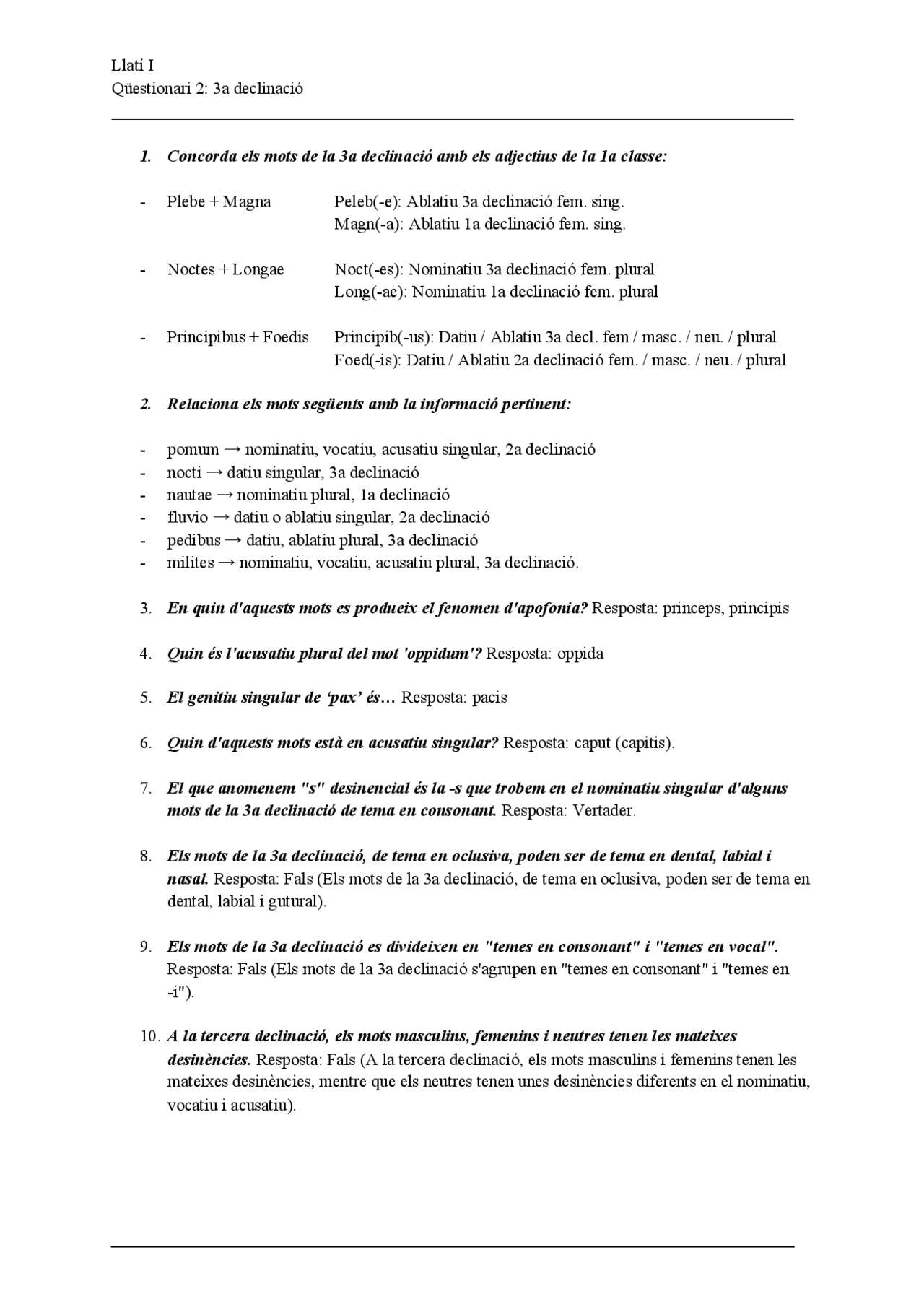 Qüestionari 2 Llatí I 3a Declinació Exámenes De Idioma Latín Docsity