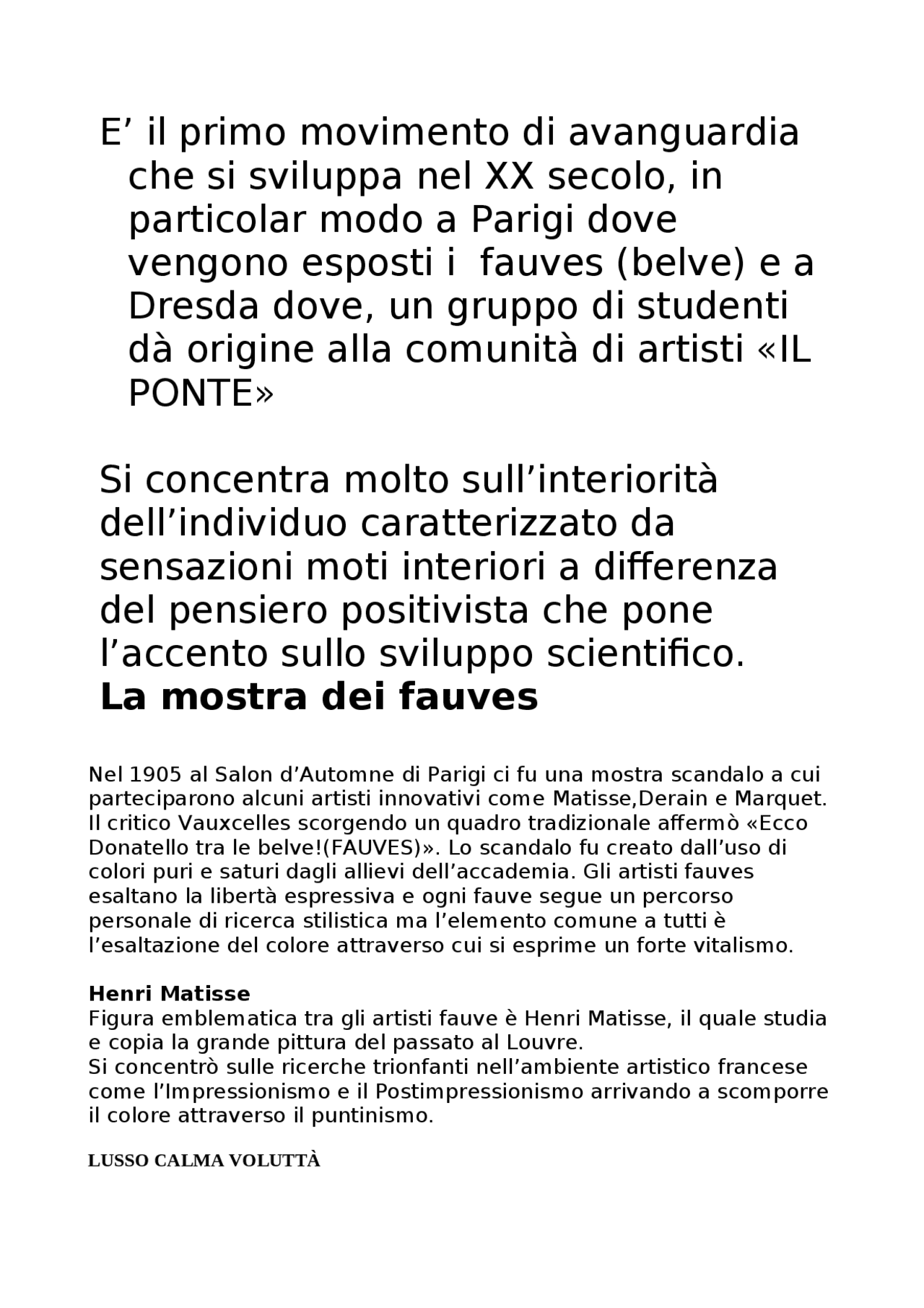 Riassunto Espressionismo Fauves E Matisse Docsity