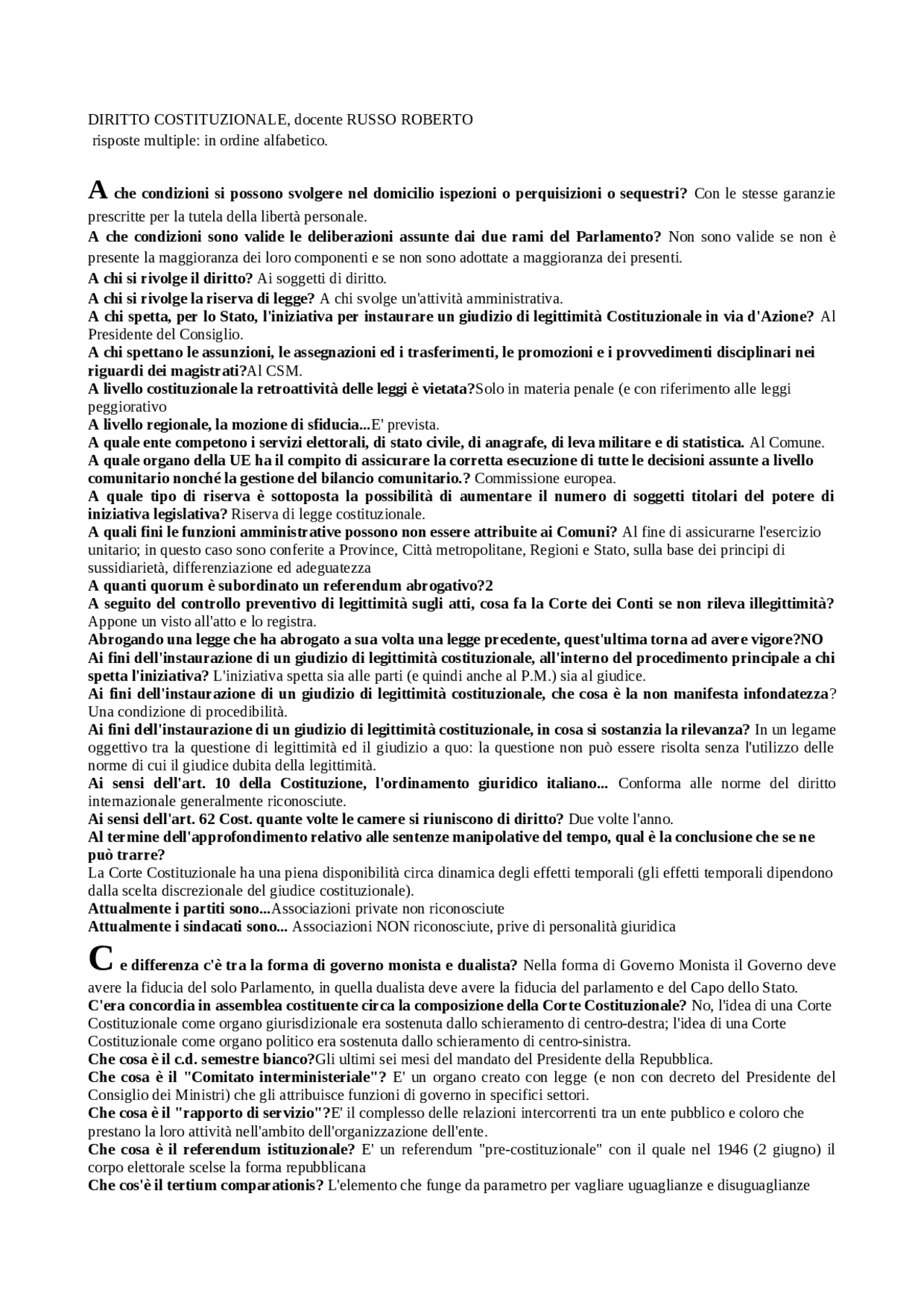 PANIERE DIRITTO COSTITUZIONELE, DOCENTE RUSSO ROBERTO. risposte multiple in ordine alfabetico ...