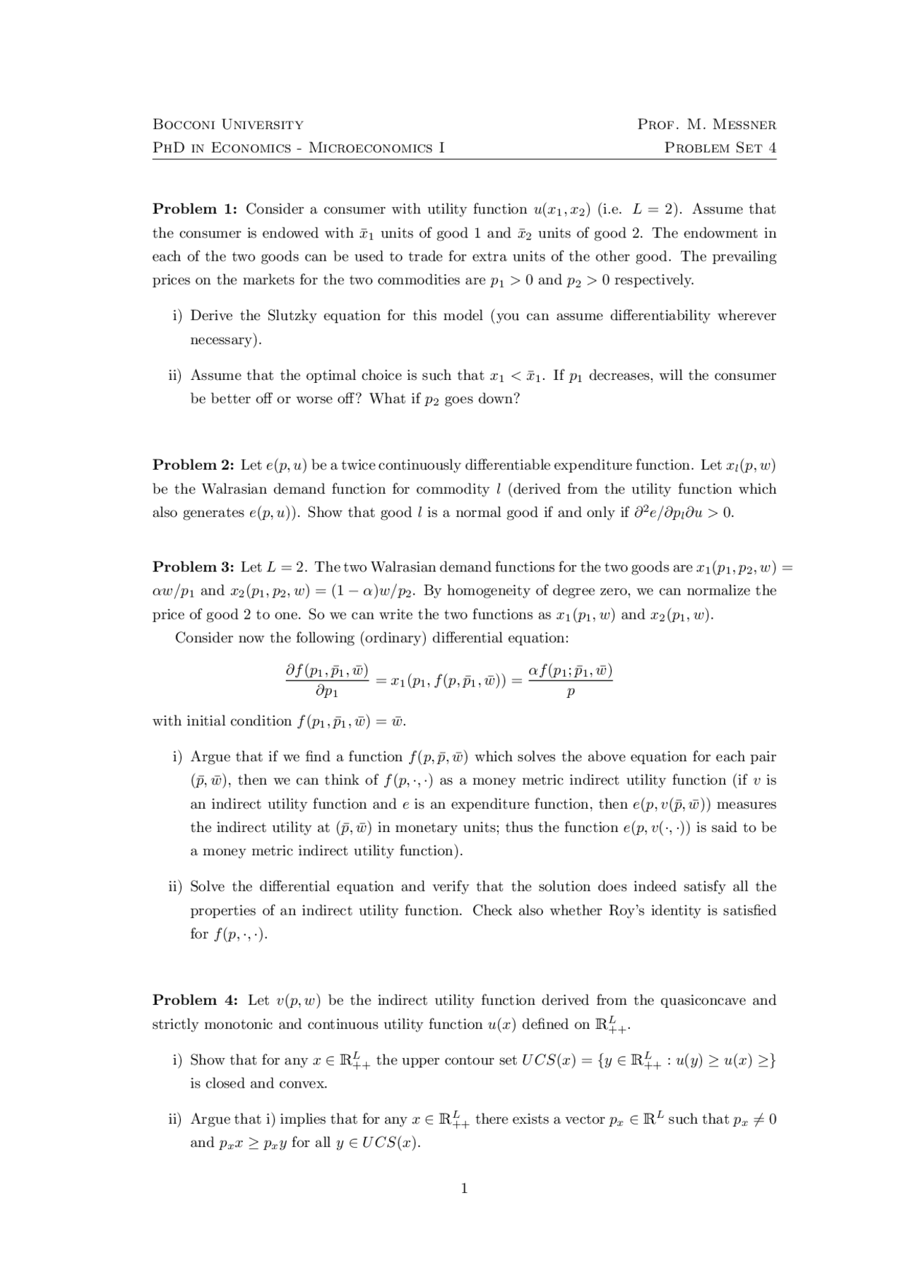 Problem Sets Microeconomics Docsity