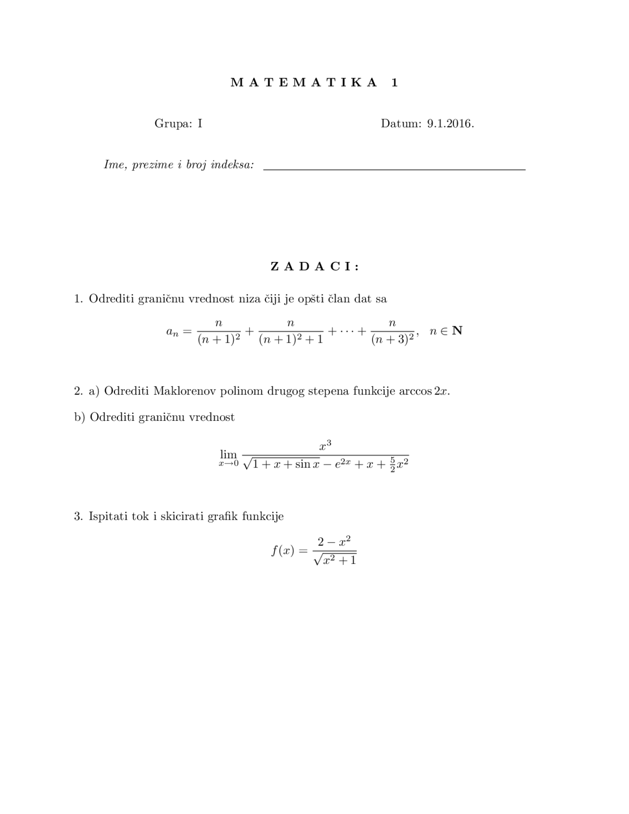 Kolokvijum II matematika 1 fon | Ispiti' predlog Matematika 1 - Docsity