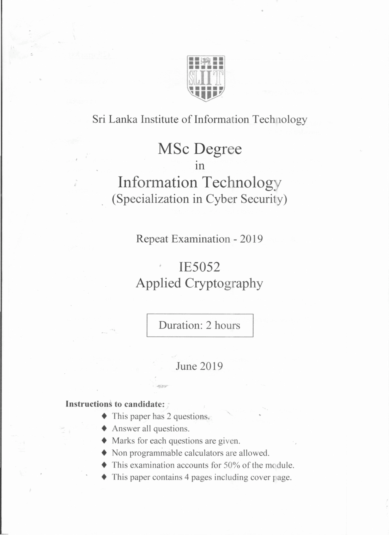 Past papers on crypto | Exams Cryptography and System Security - Docsity