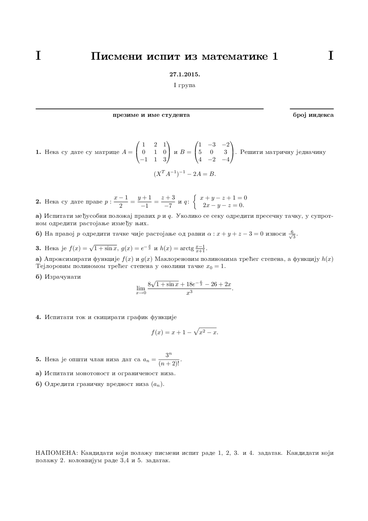 Ispit januar 2015 matematika 1 fon | Ispiti' predlog Matematika 1 - Docsity