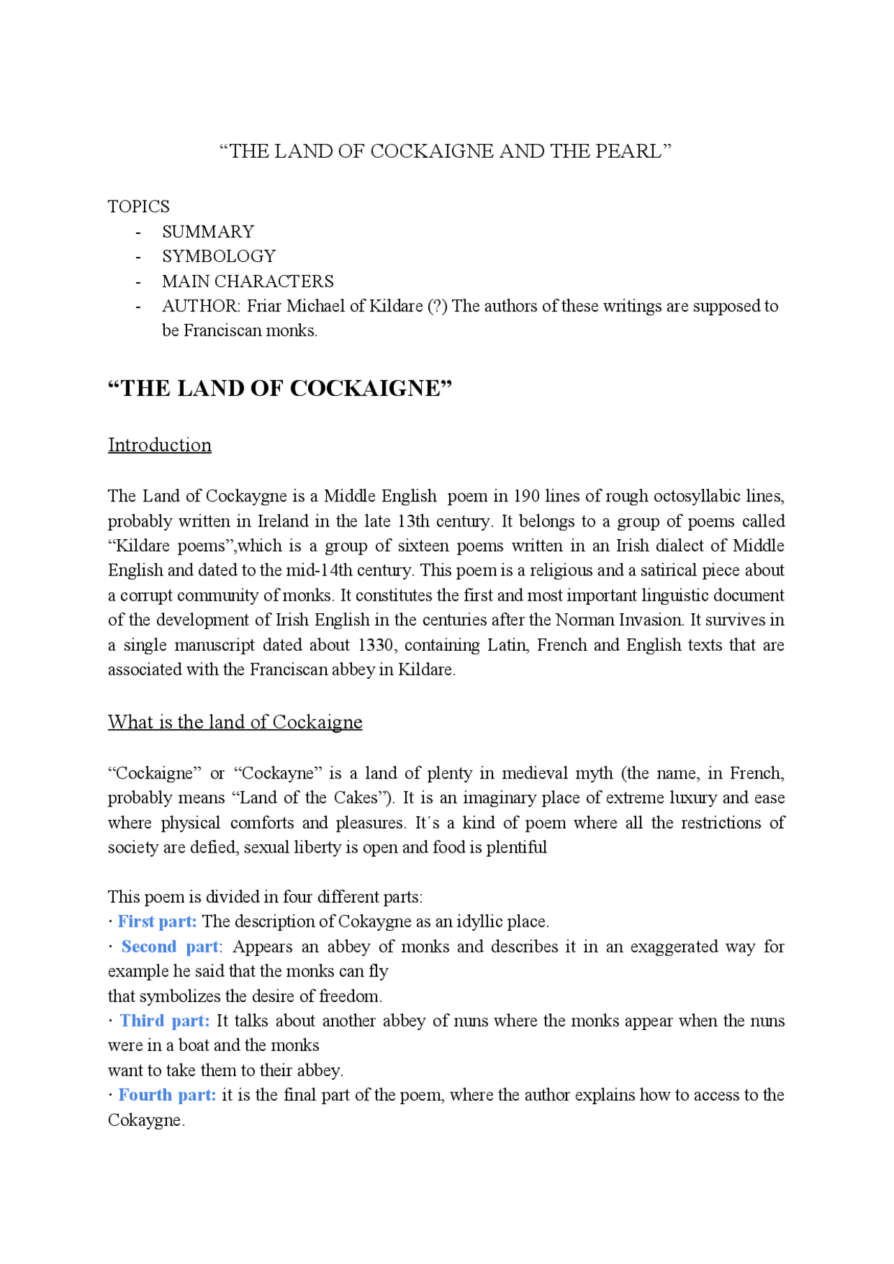 The land of cockaigne and the pearl - Docsity