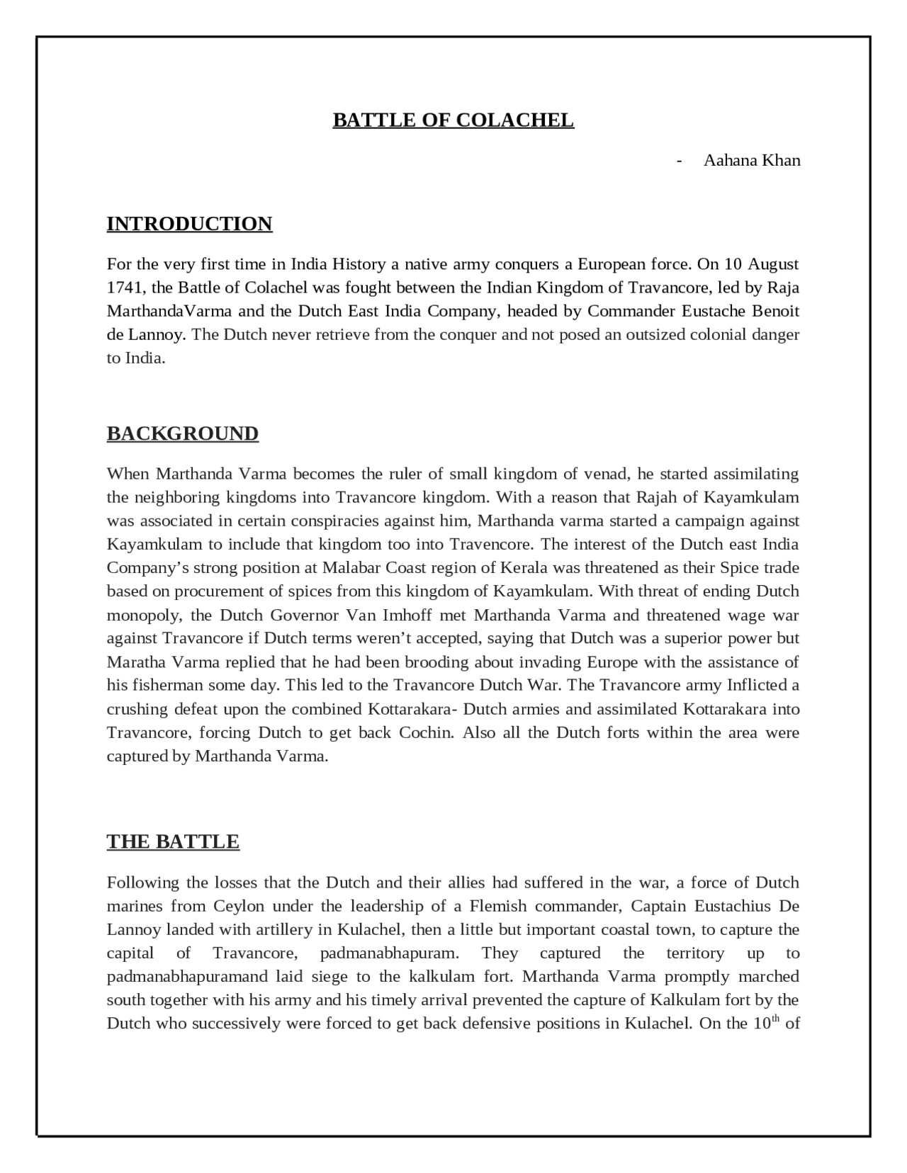 Battle of colachel- Assignment - Docsity