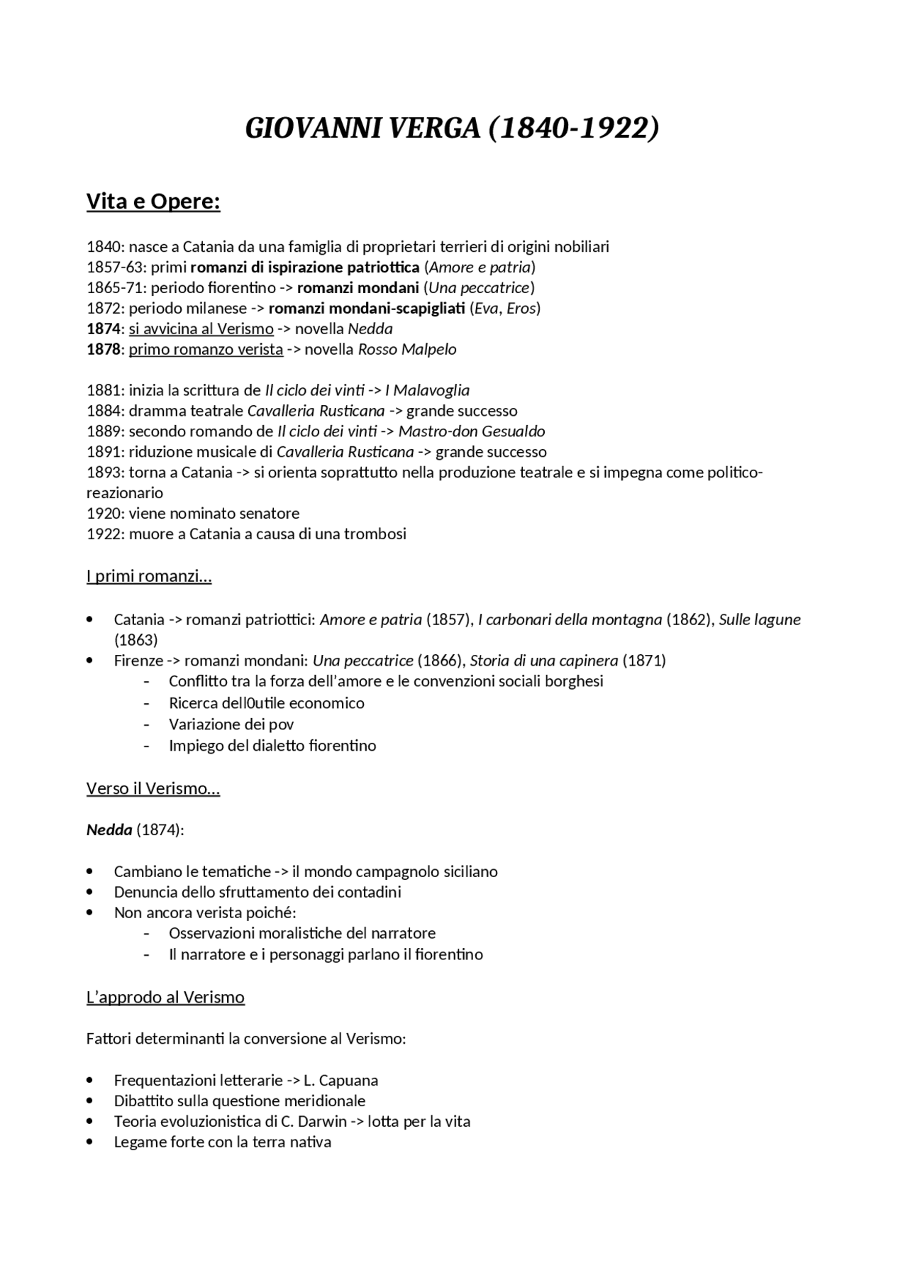 Giovanni Verga, vita e opere | Appunti di Italiano | Docsity