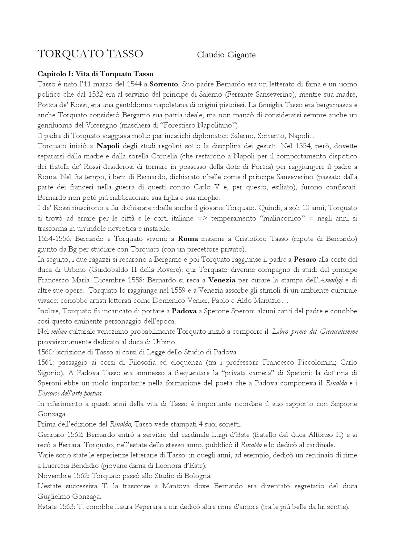 Riassunto Del Libro Tasso C Gigante Docsity