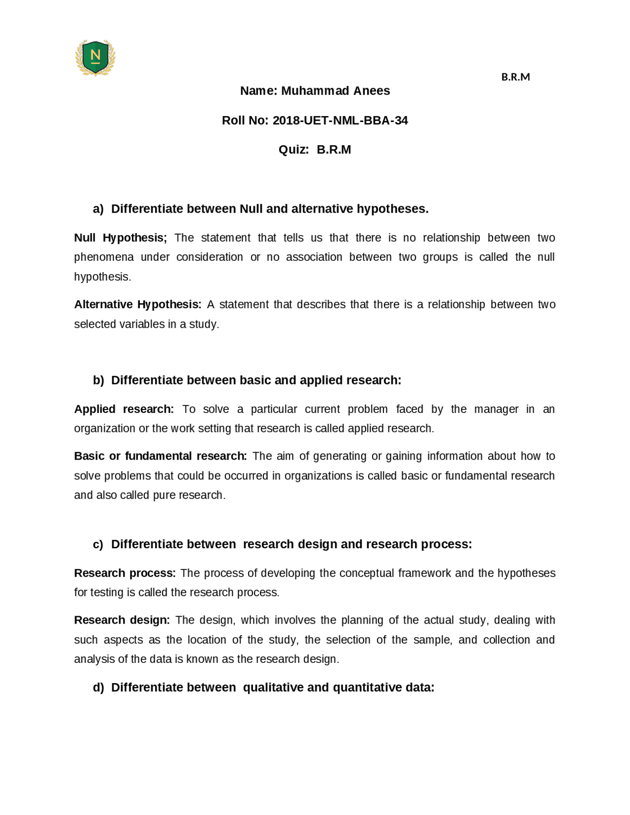 Business Research Methods Assignment Docsity