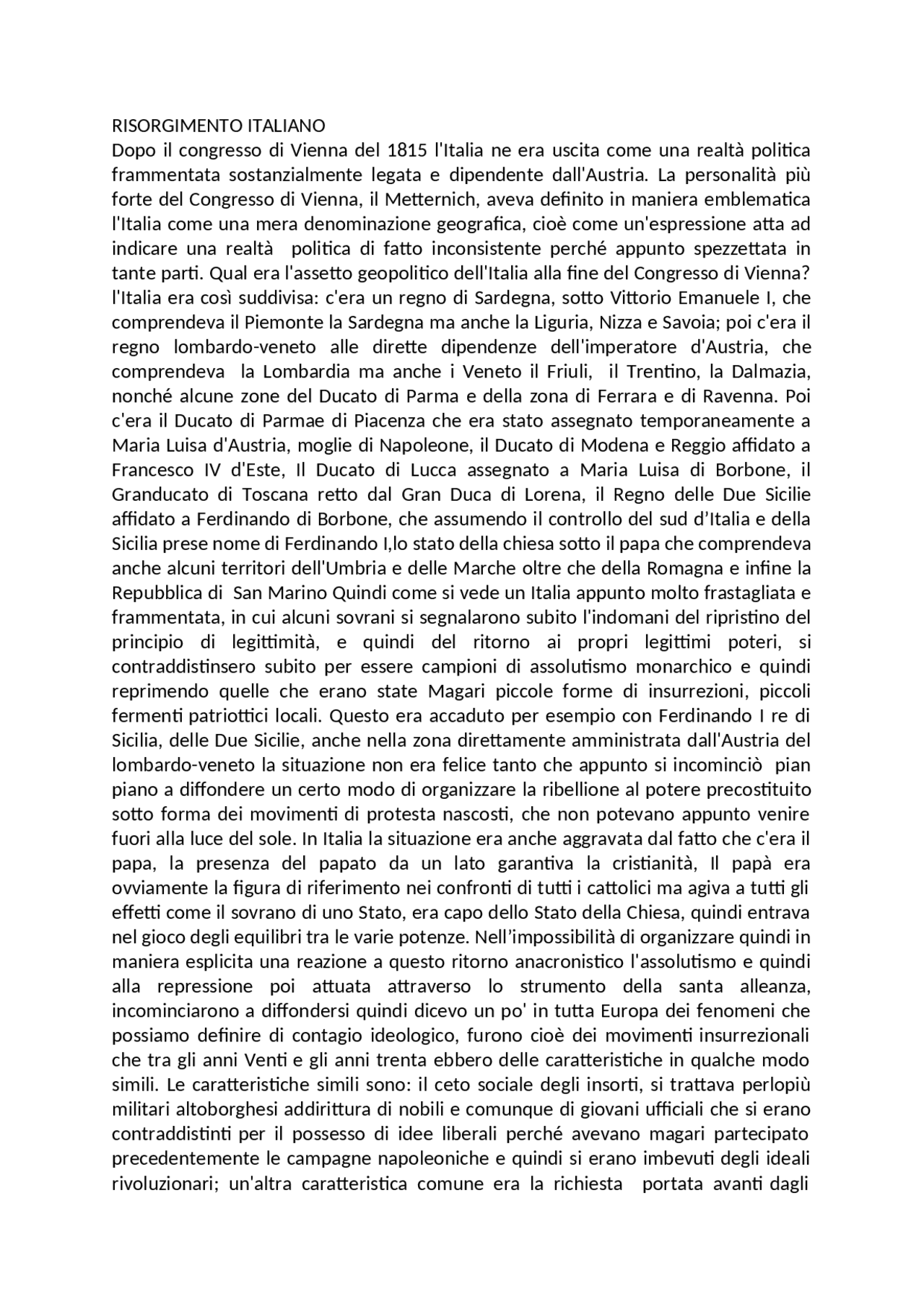 Il risorgimento italiano - Docsity