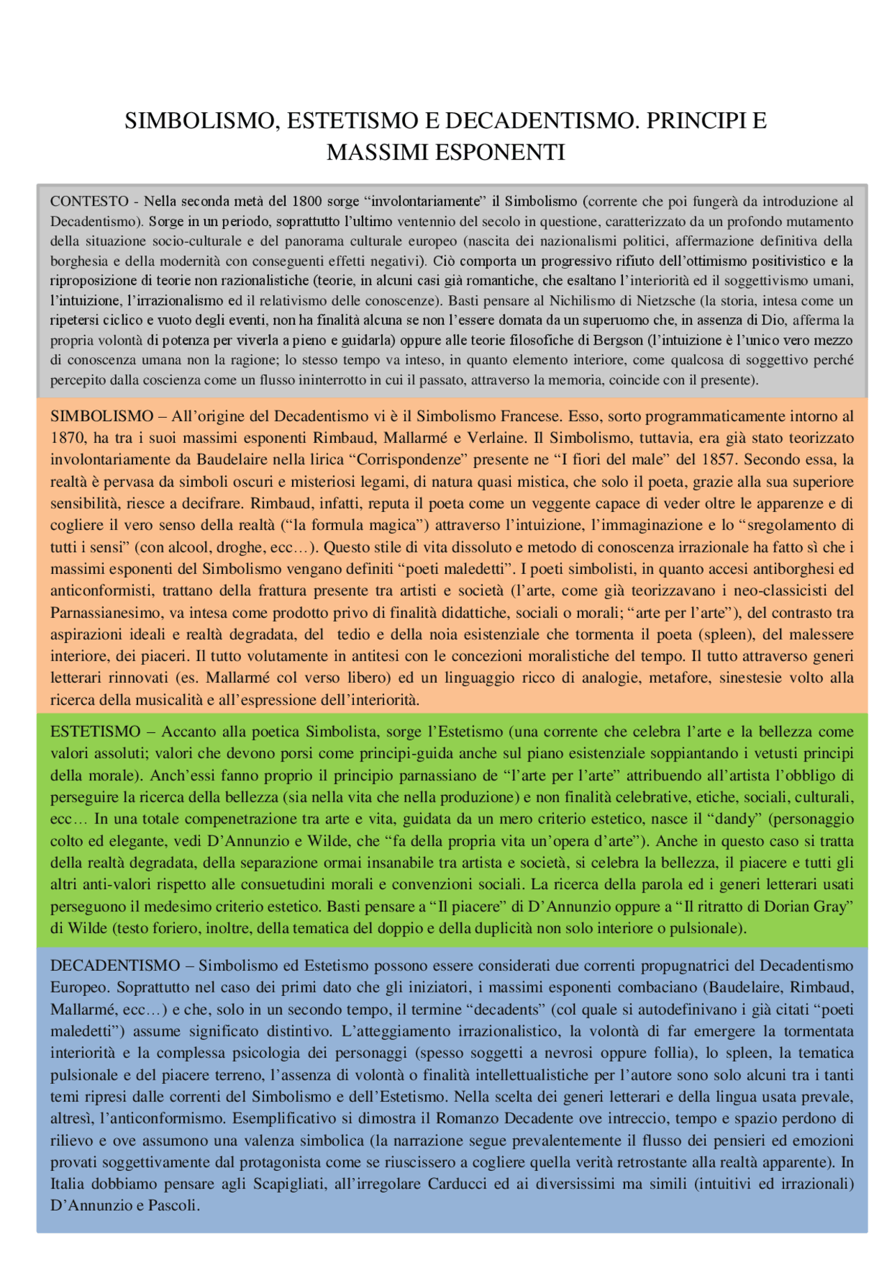 Simbolismo Estetismo E Decadentismo Docsity