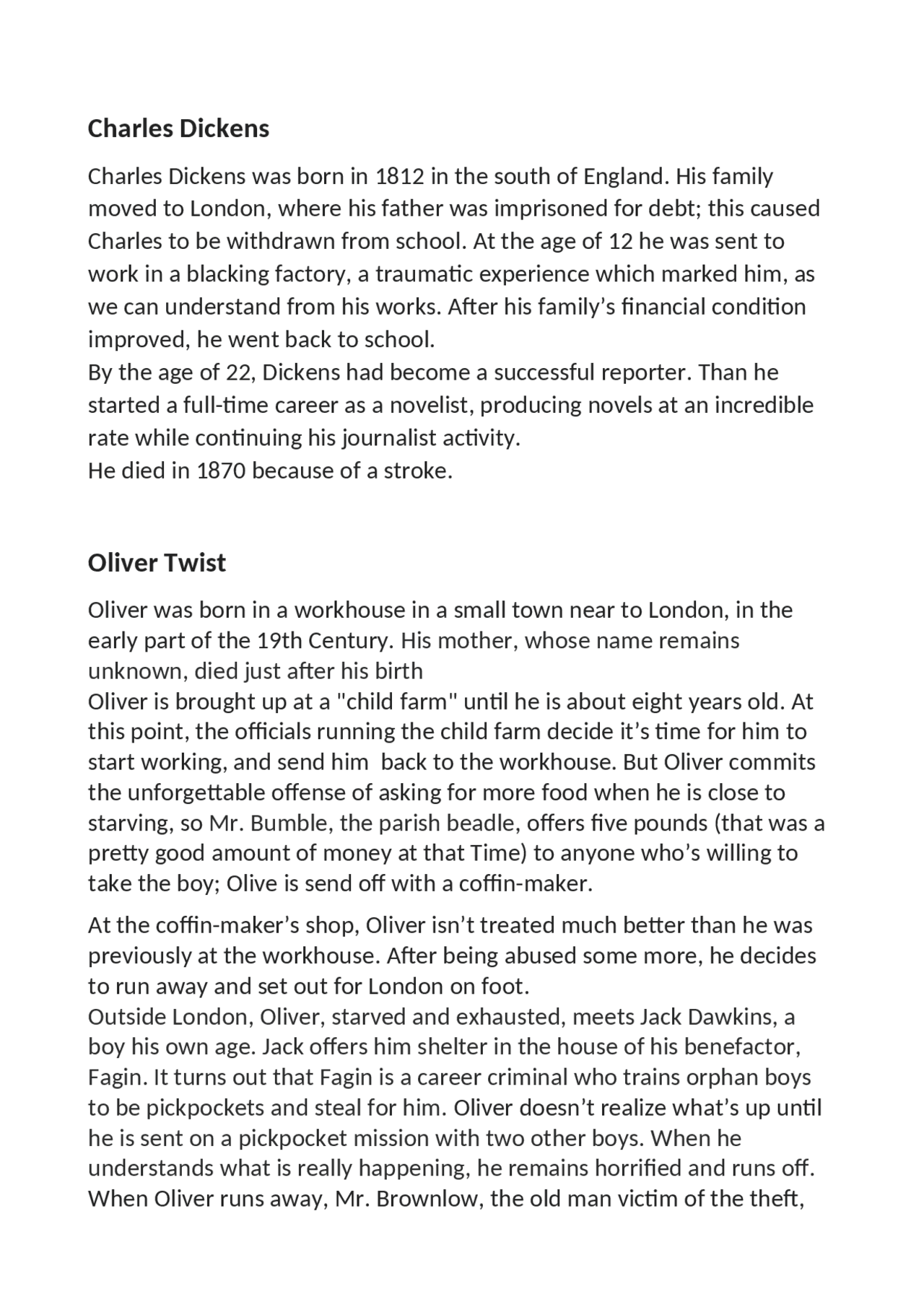 Charles Dickens: Oliver Twist & Coketown - Docsity