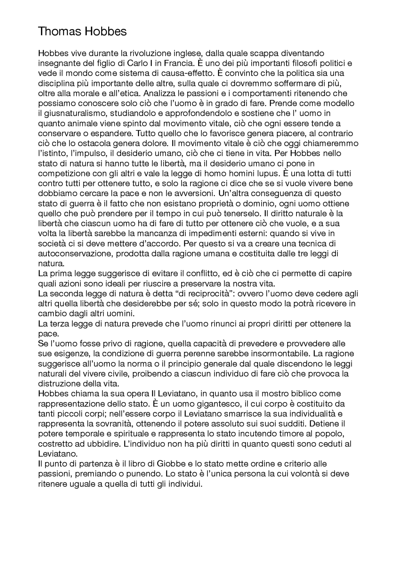 Thomas Hobbes Riassunto Docsity