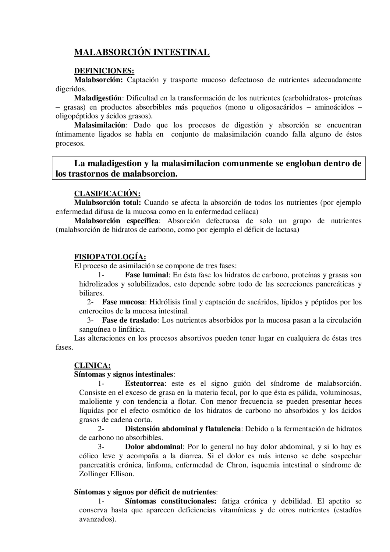MALABSORCION INTESTINAL | Summaries of Gastroenterology | Docsity