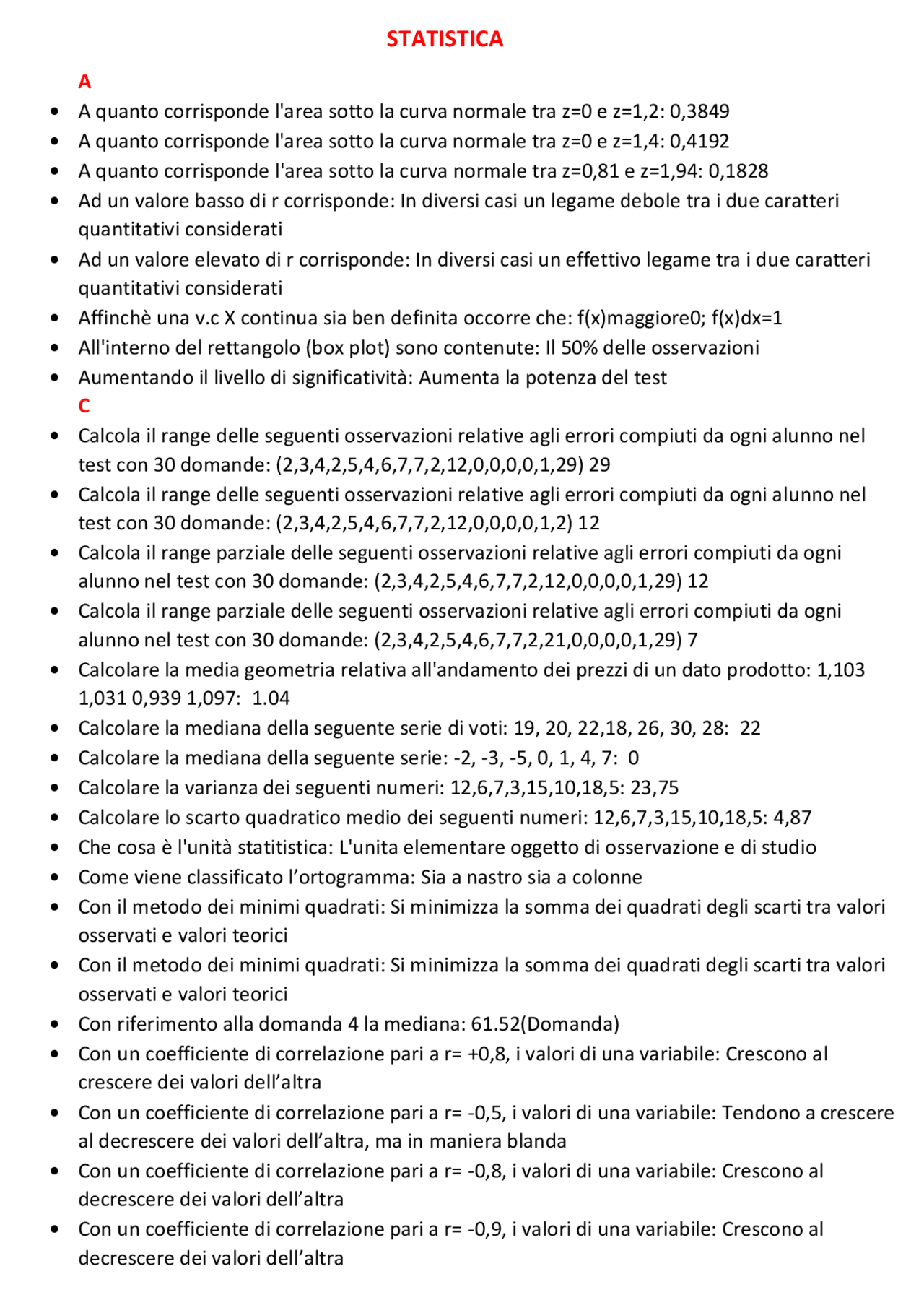 ESAME DI ''STATISTICA'' ECONOMIA AZIENDALE L-18 UNIVERSITA' TELEMATICA PEGASO - Docsity