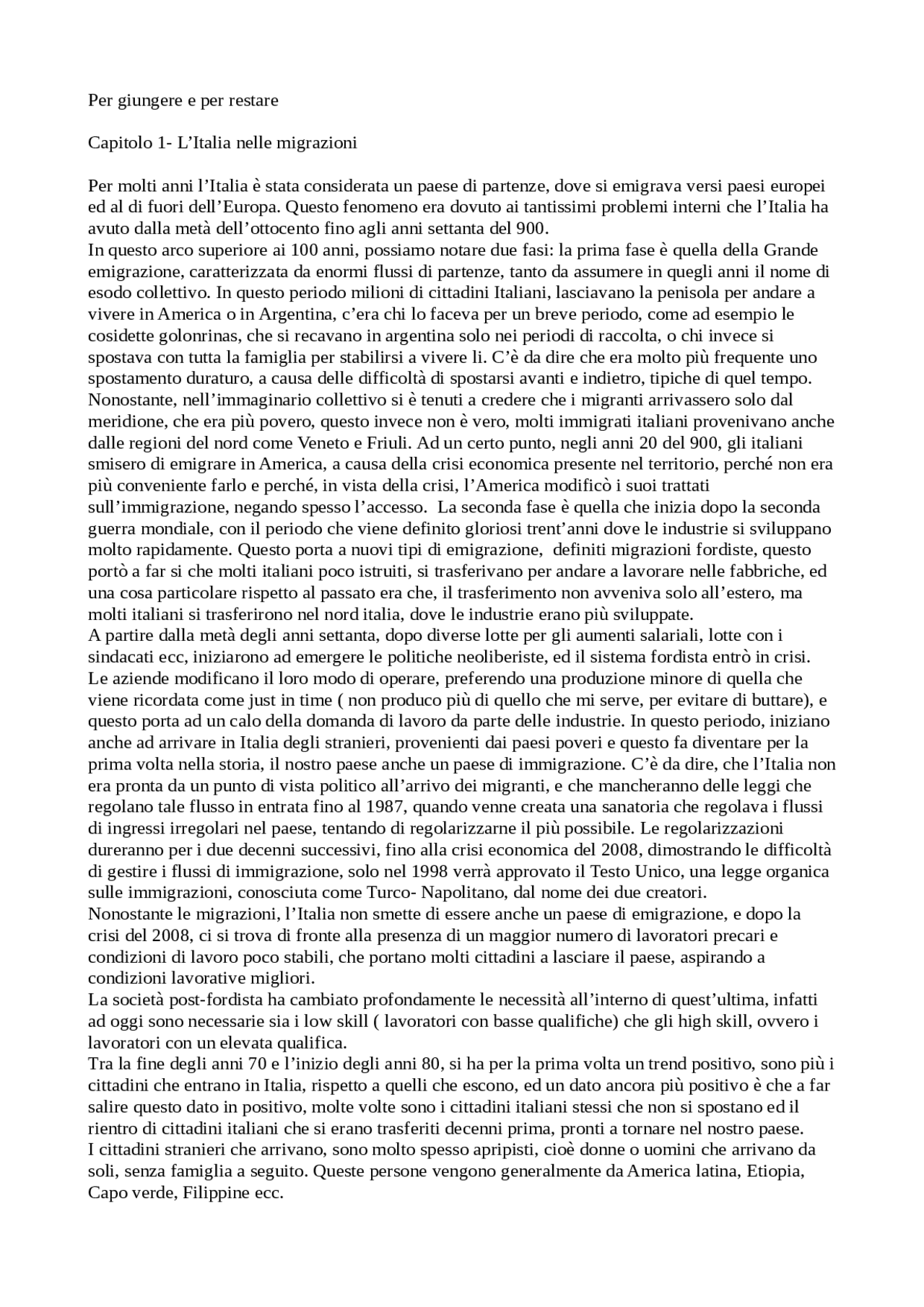Riassunto Del Libro Per Giungere E Per Restare Docsity