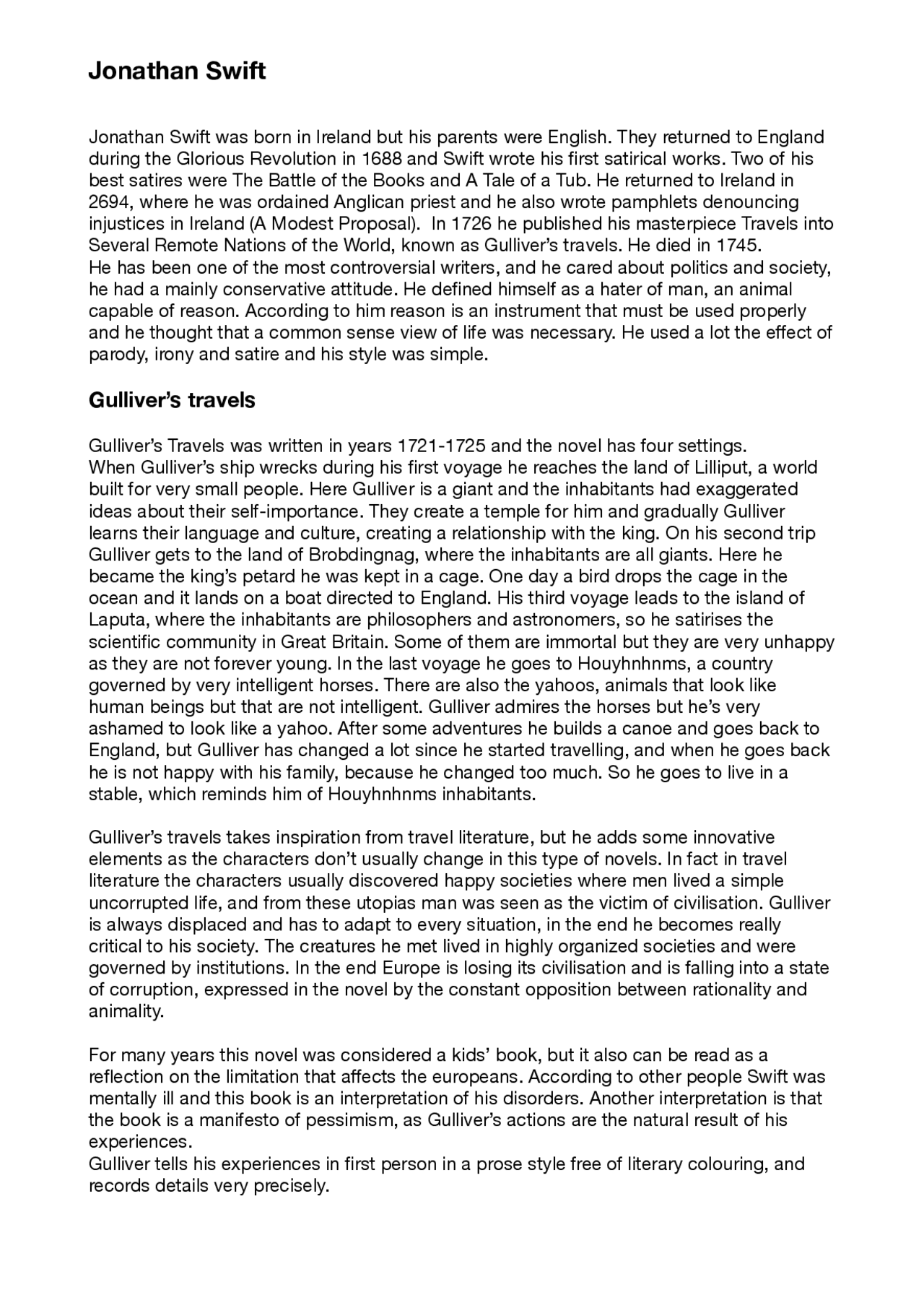 Jonathan Swift Gullivers Travels Riassunto Docsity