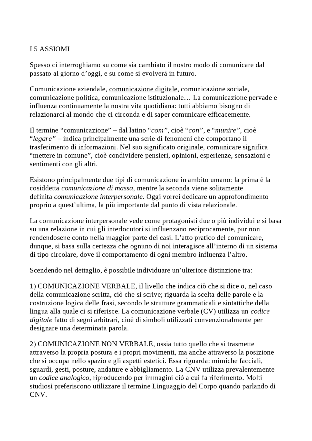 I 5 Assiomi Della Comunicazione Docsity