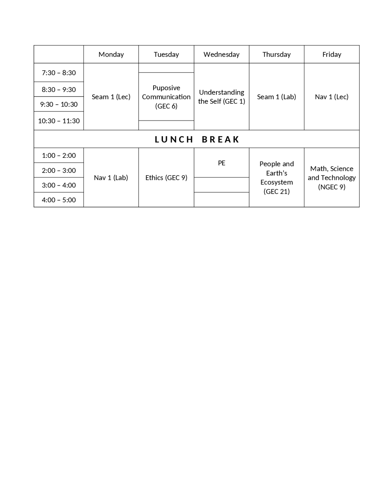 Sample Schedule for College - Docsity