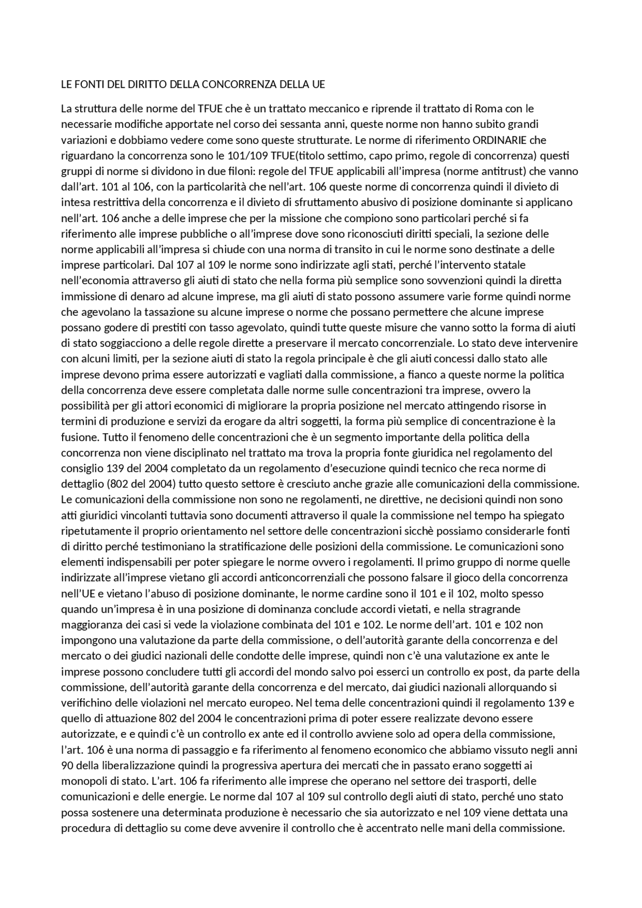 Le fonti di diritto della concorrenza dell'UE - Docsity