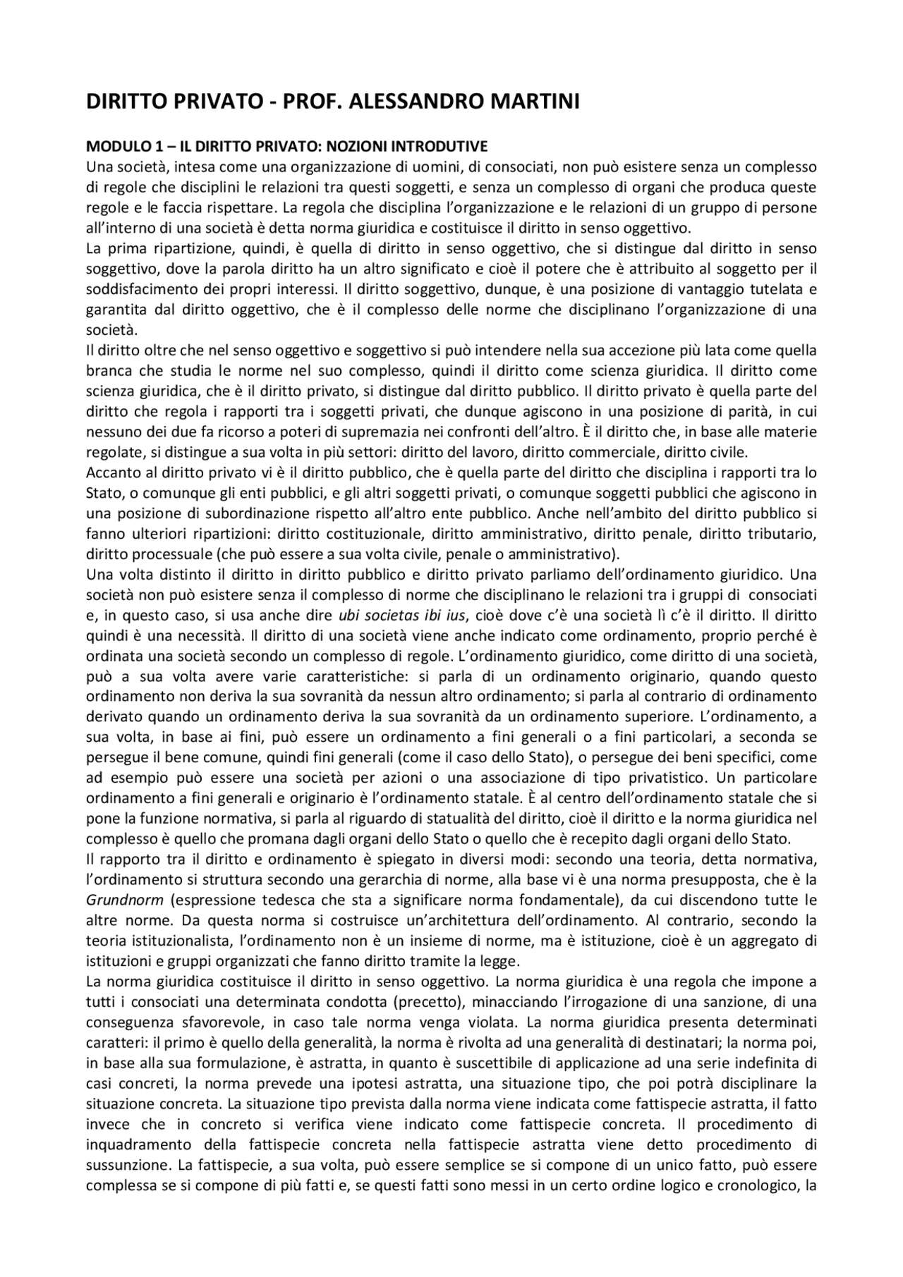 Diritto Privato prof. Martini - Docsity
