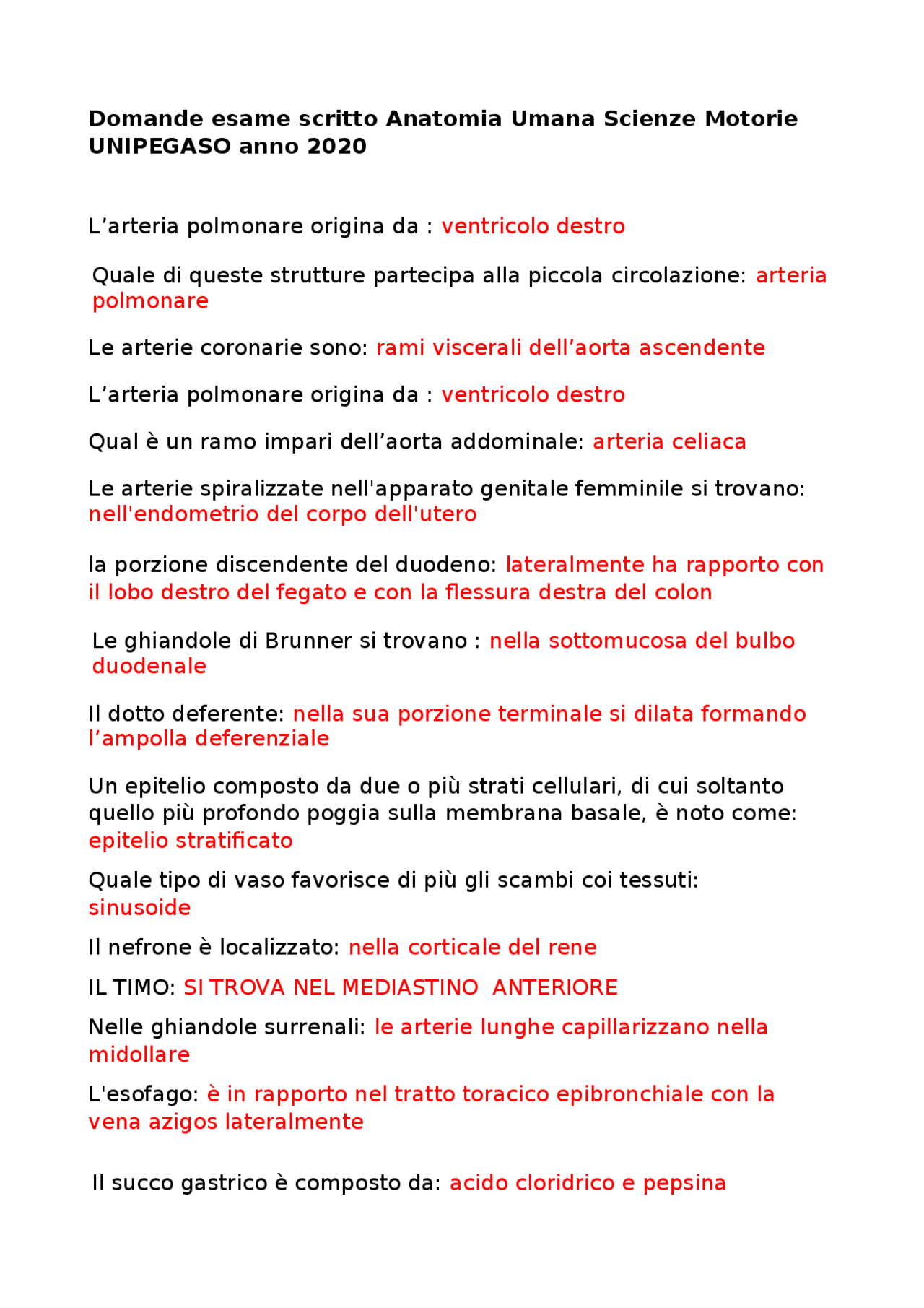 Anatomia Umana Scienze Motorie Unipegaso Anno 2020 Prove Desame Di