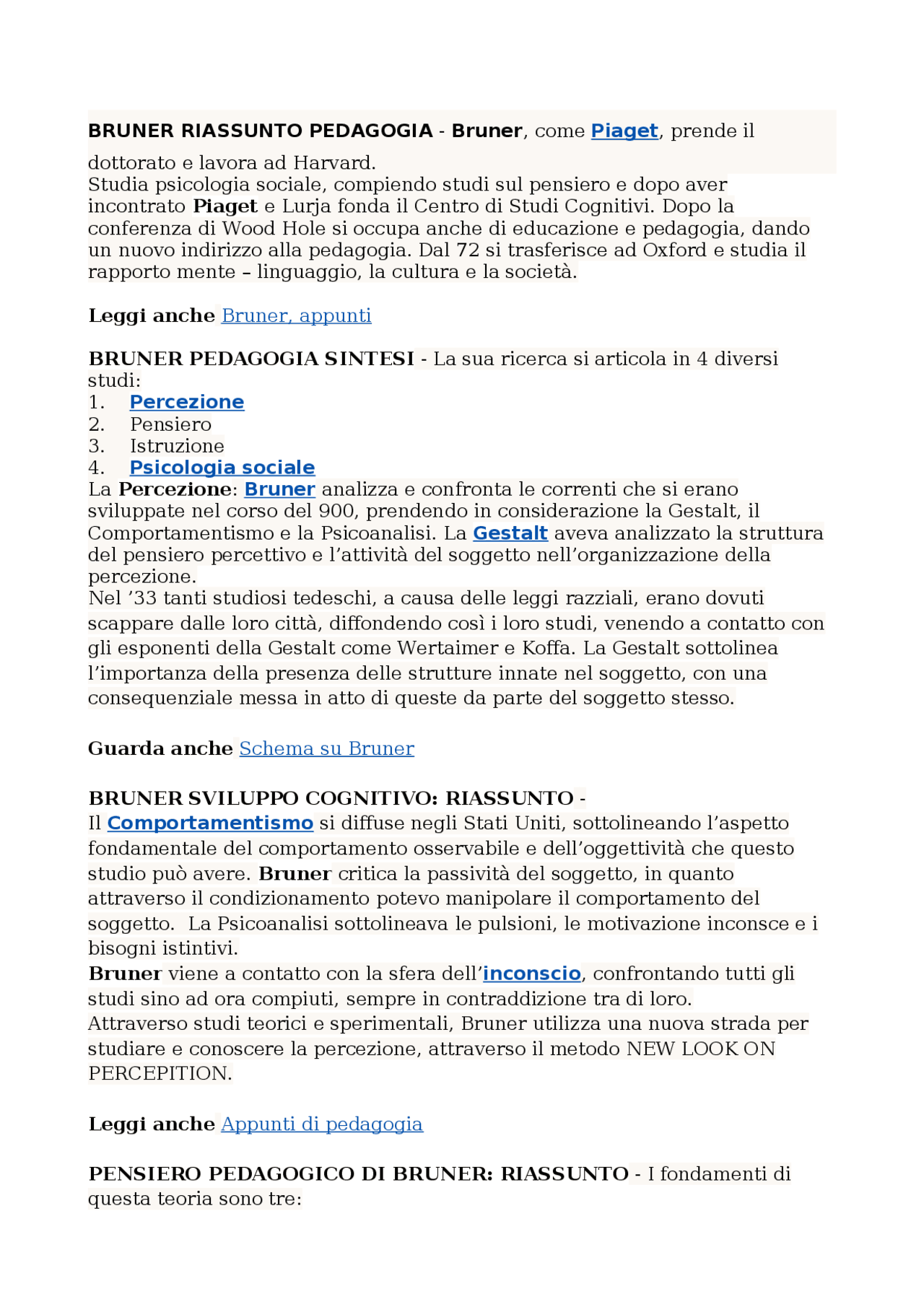 Bruner Riassunto Pedagogico Docsity