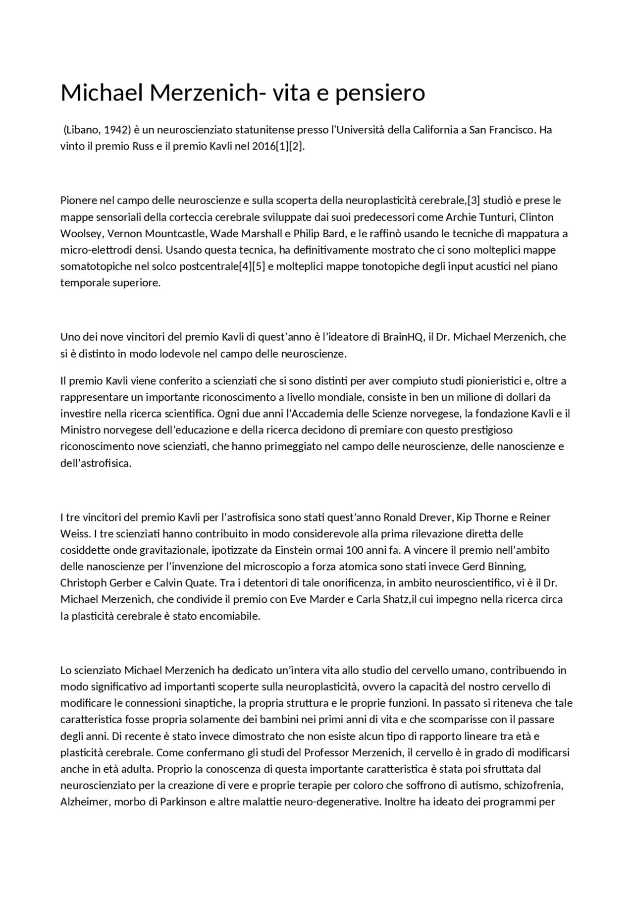 Michael merzenich e plasticità cerebrale - Docsity