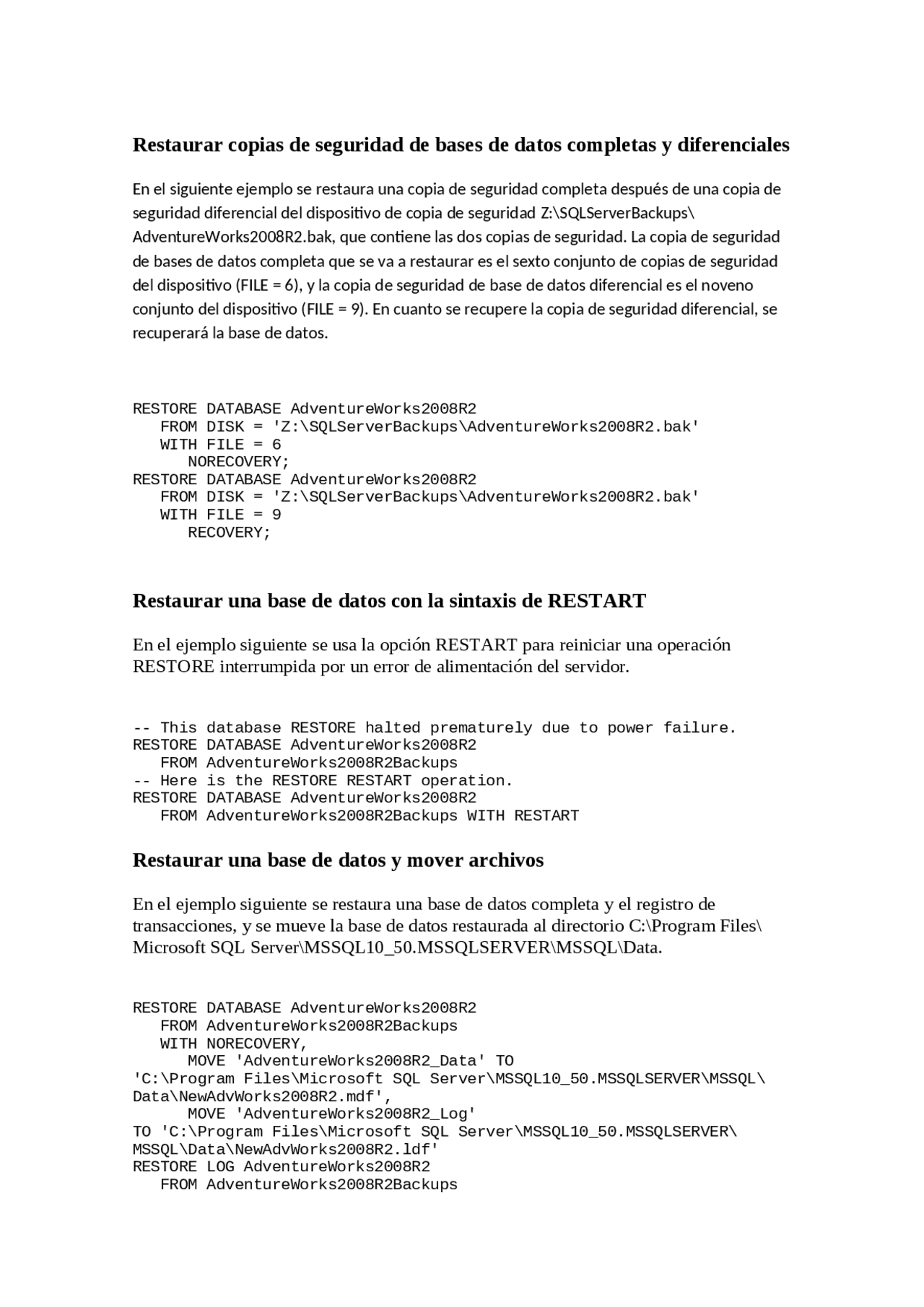 Estaurar copias de seguridad de bases de datos completas y ...