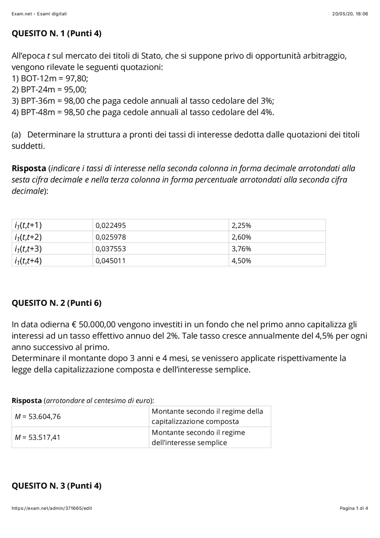Simulazione Esame Matematica Finanziaria Docsity