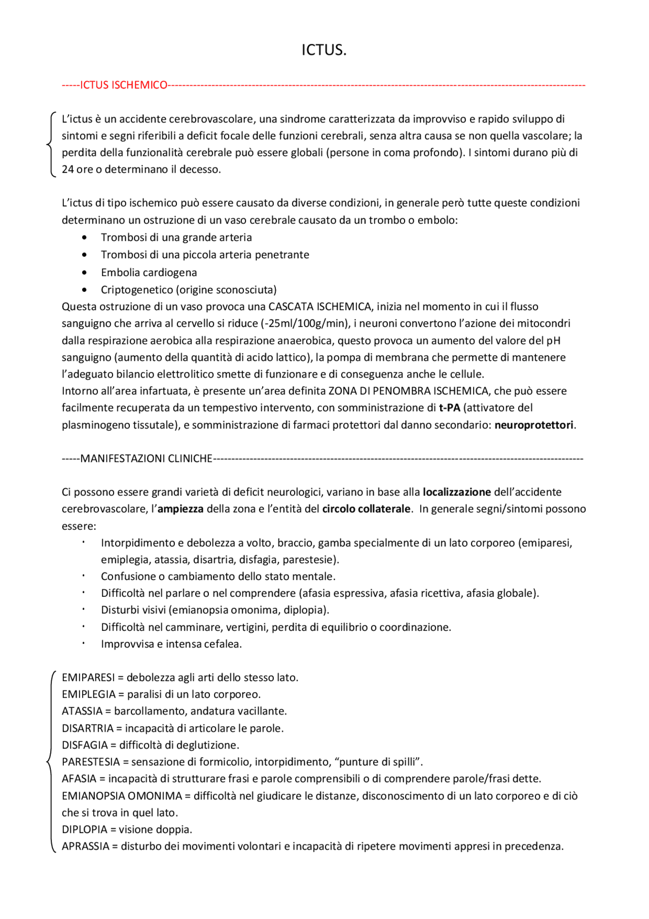 Ictus Ischemico Ed Emorragico In Breve Infermieristica Docsity