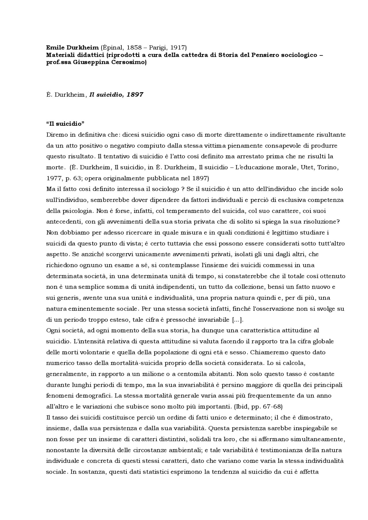 Il Suicidio Emilio Durkheim Docsity