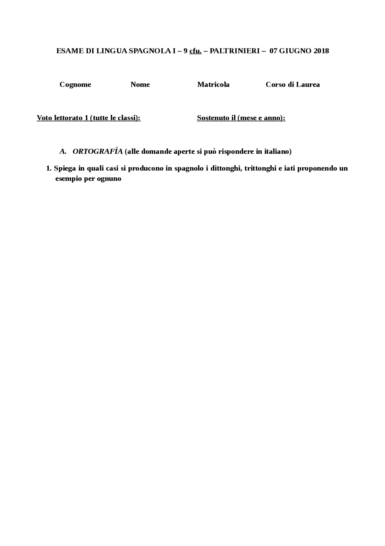 Tipo Di Esame Di Lingua Spagnola Unito Docsity