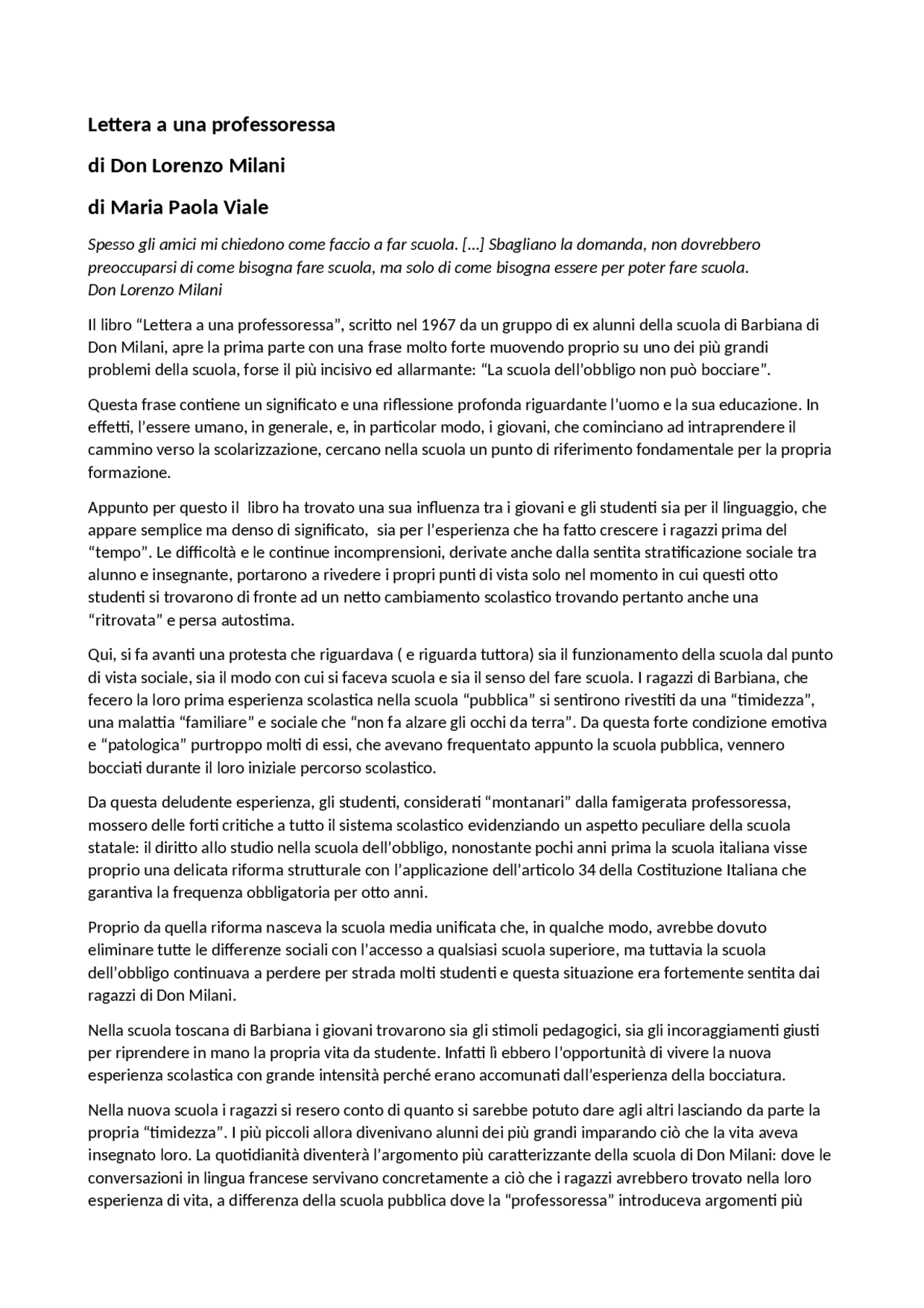 Lettera Ad Una Professoressa Docsity