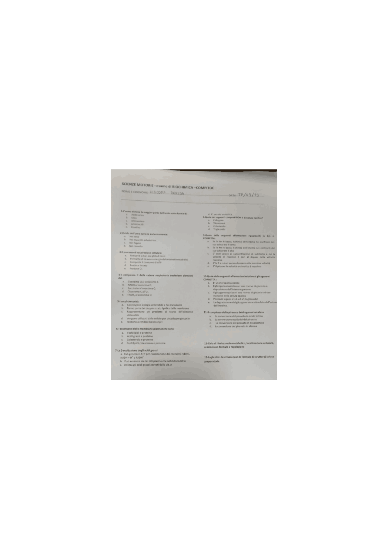 Simulazione Esame Di Biochimica Examens De Biochimie Docsity