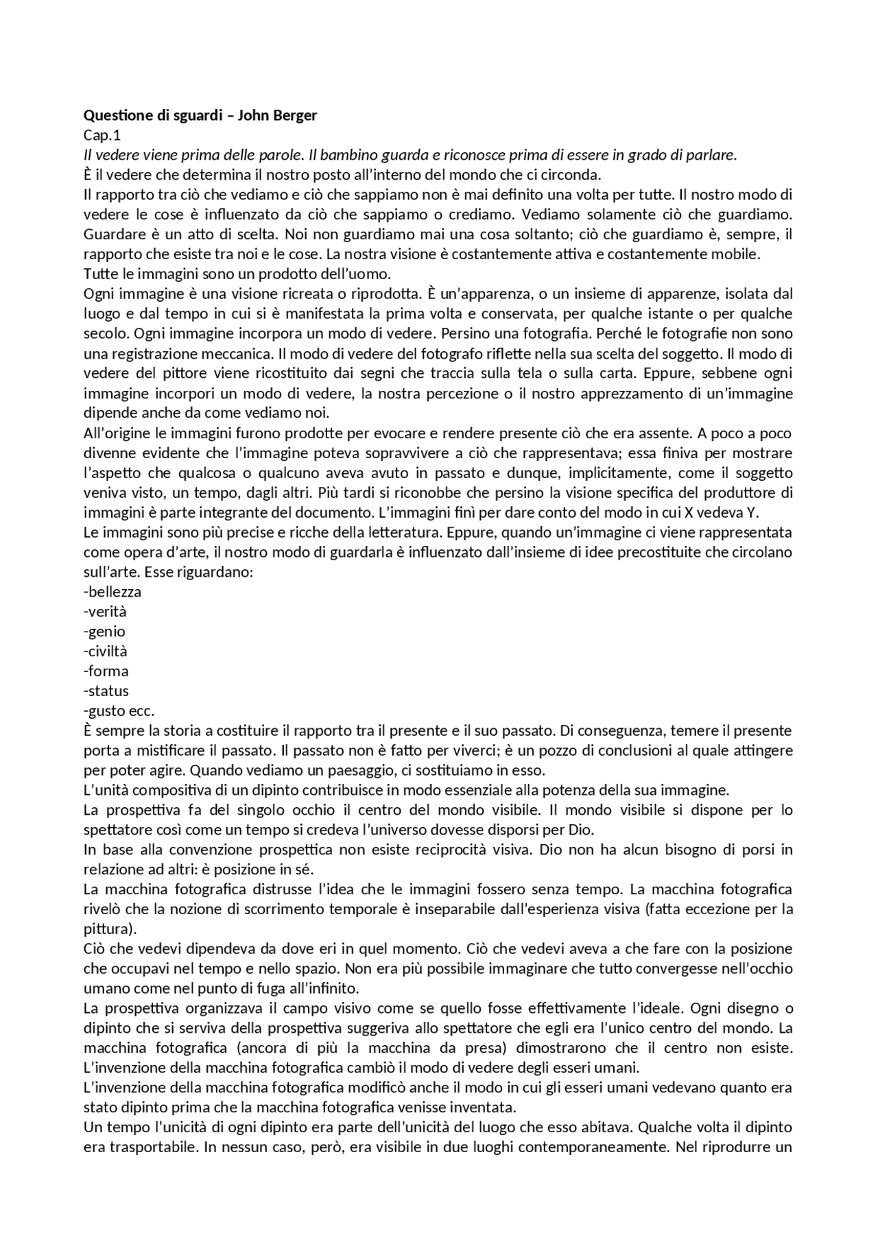 Questioni Di Sguardi John Berger Docsity