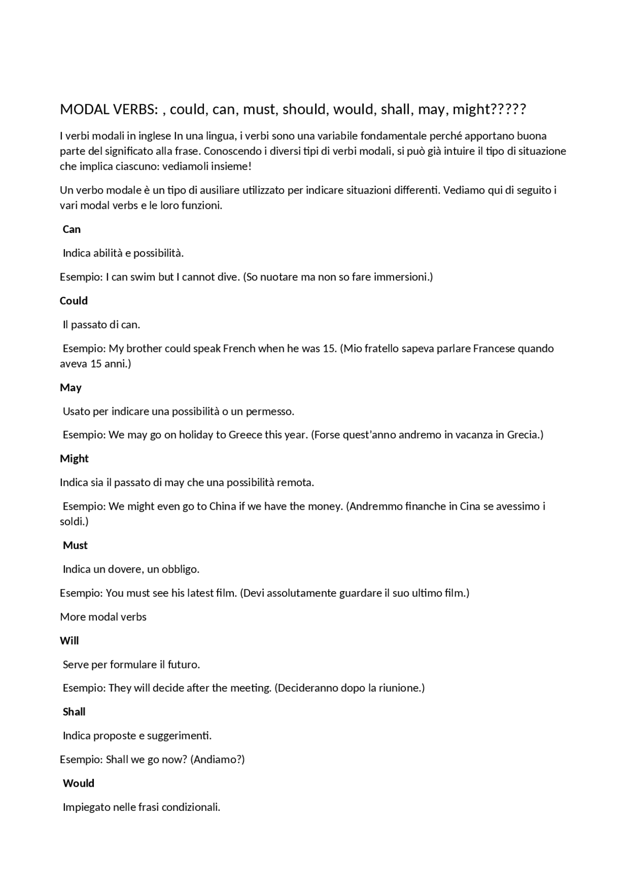 Modal verbs (con esempi in italiano) | Appunti di Inglese - Docsity