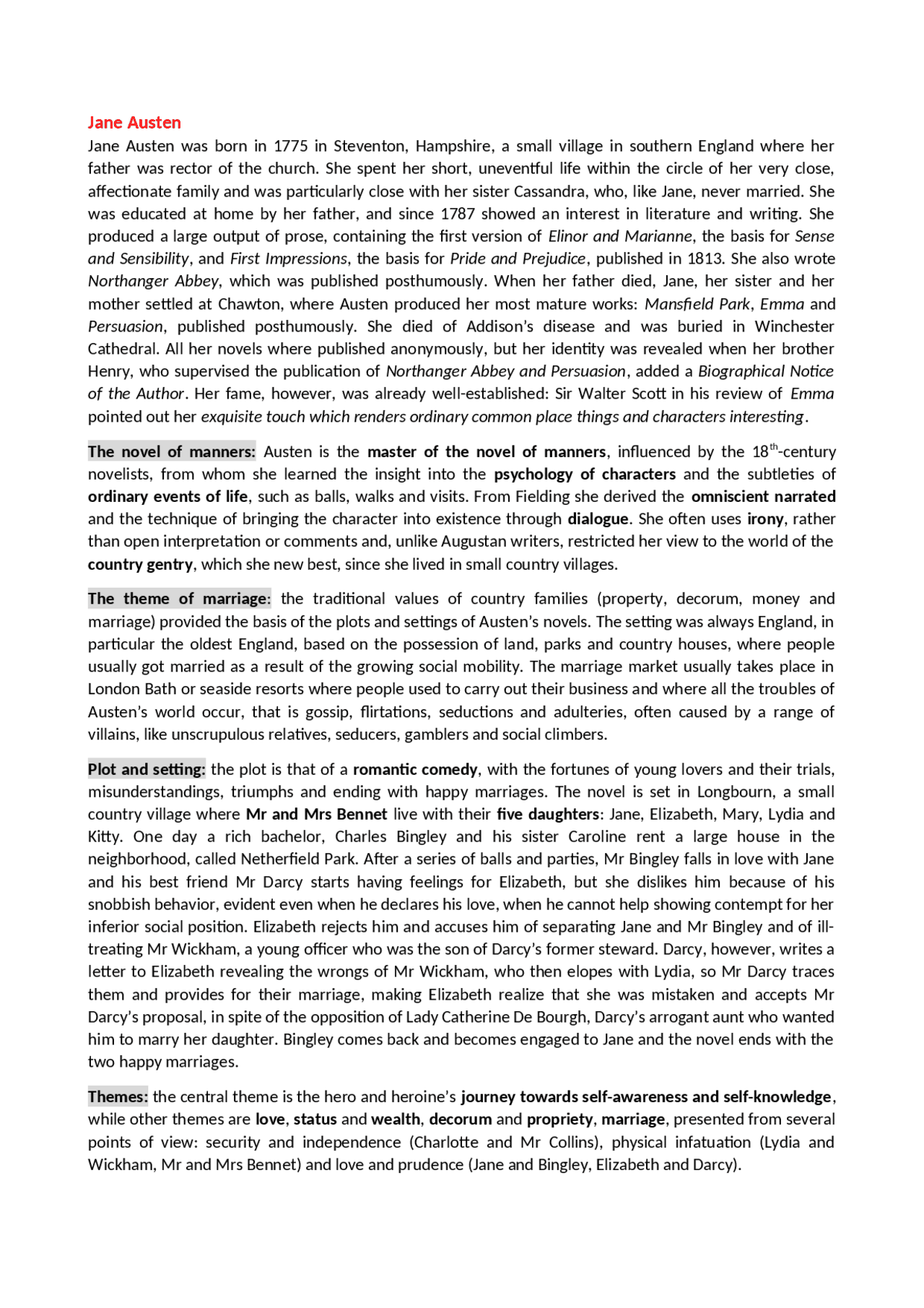 Life And Works Of Jane Austen Docsity