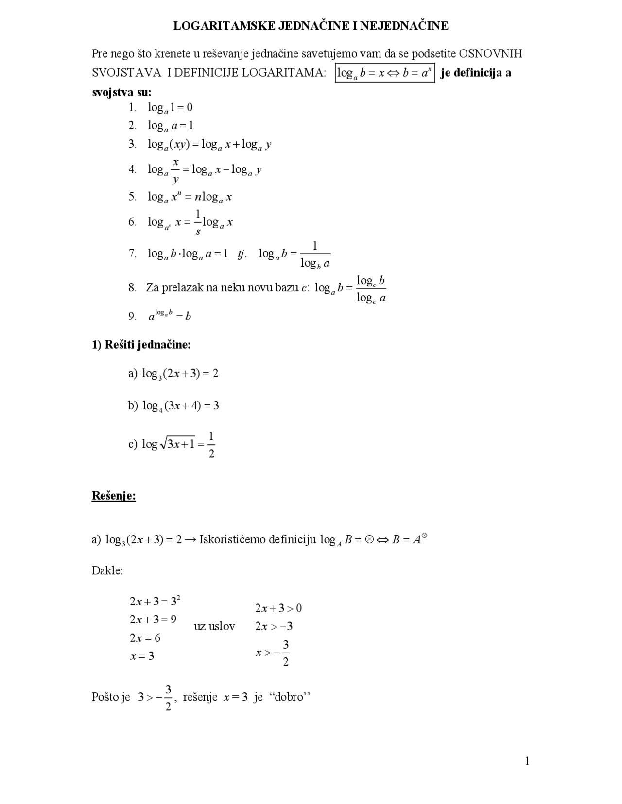Rešenje logaritamskih jednačina i nejednačina | Vežbe' predlog Matematika - Docsity