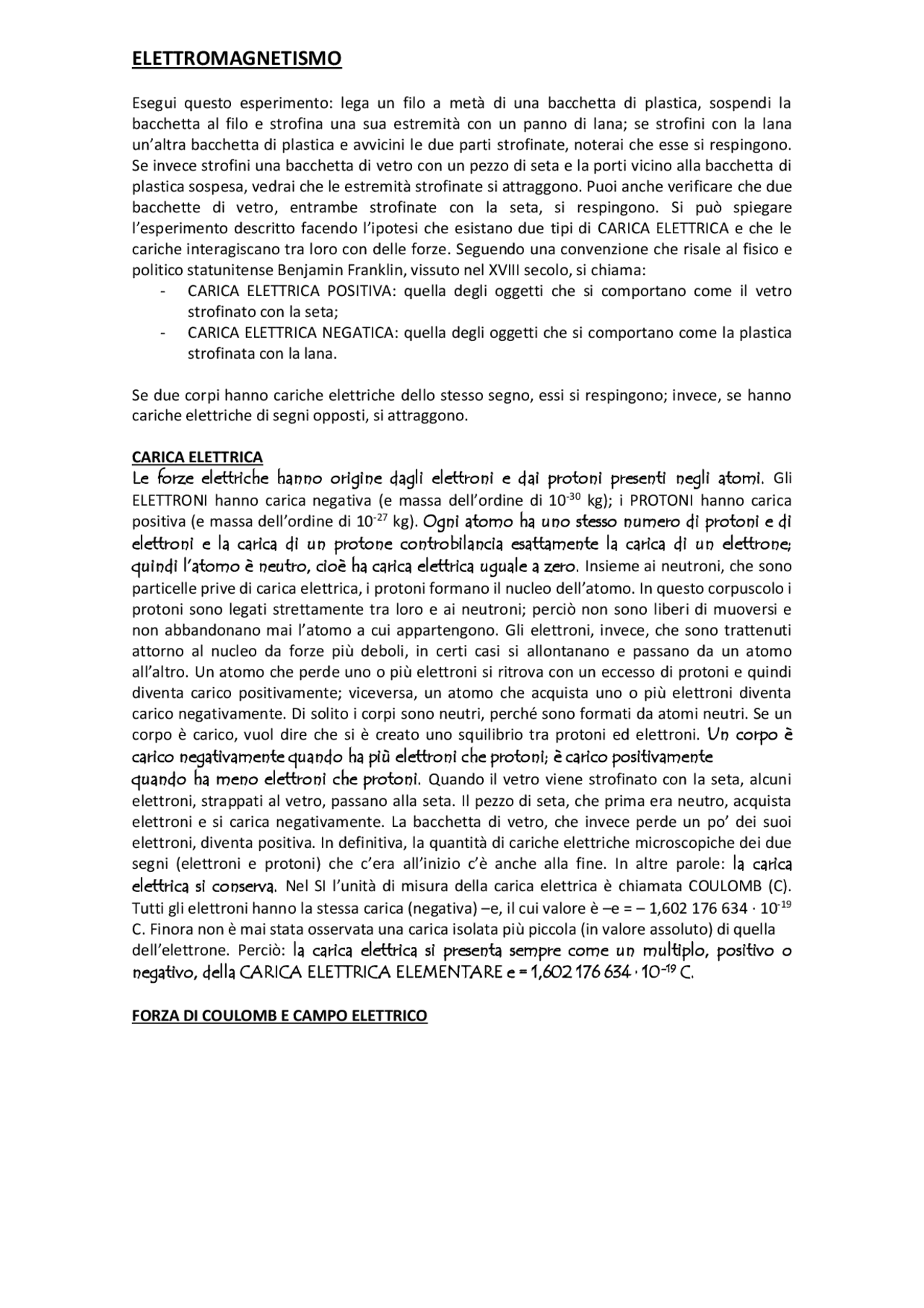 Fisica generale 1: elementi di elettromagnetismo | Appunti di Fisica | Docsity