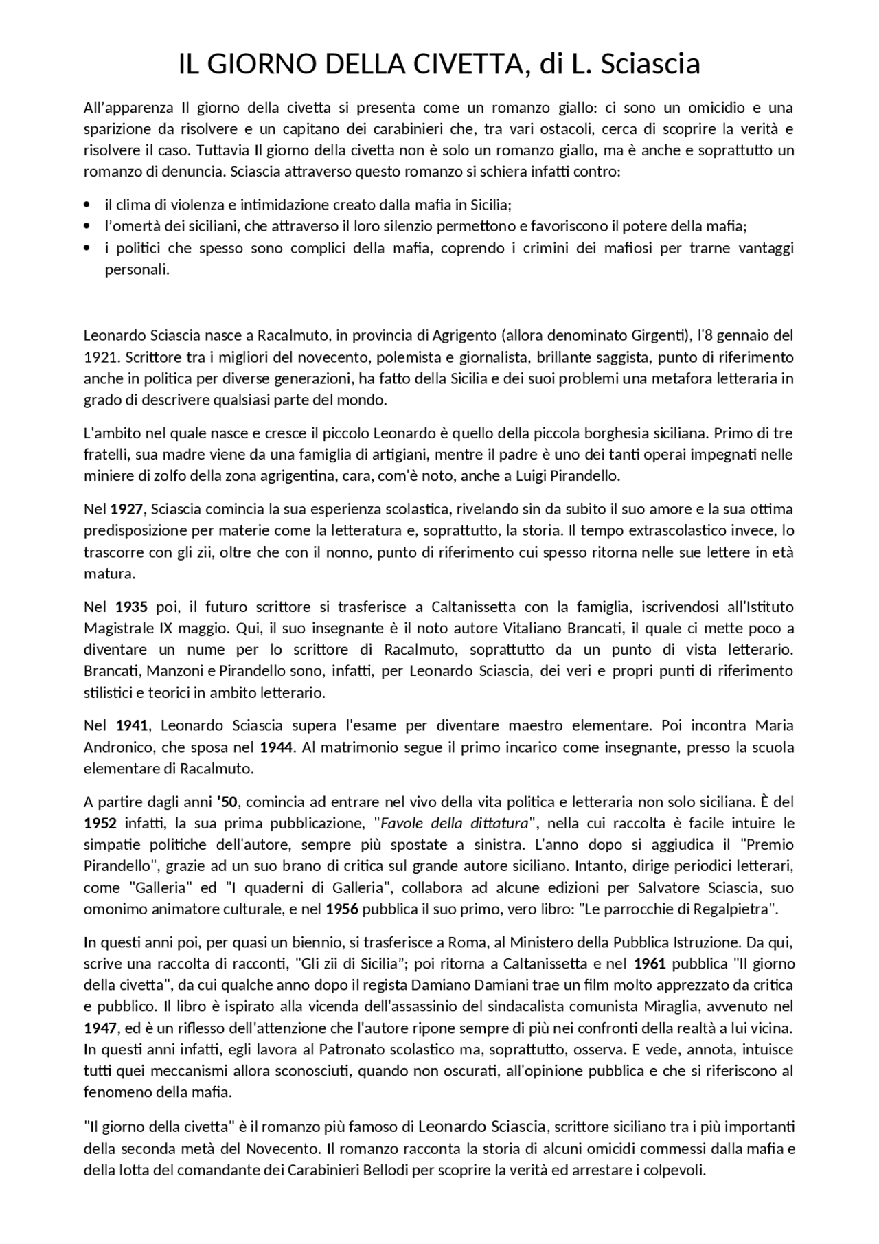 Analisi approfondita de "Il giorno della civetta" - Docsity